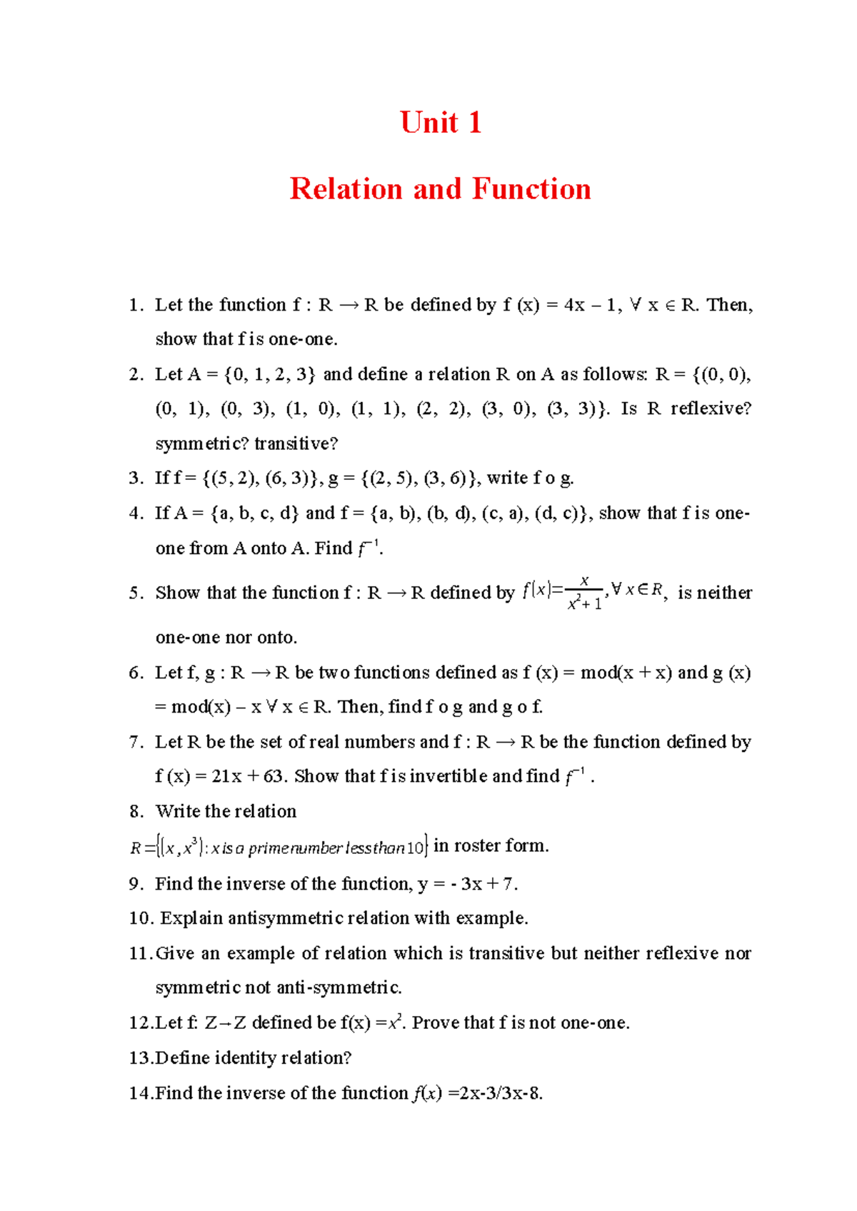 Unit 1: Practice Questions on Relations and Functions - Studocu