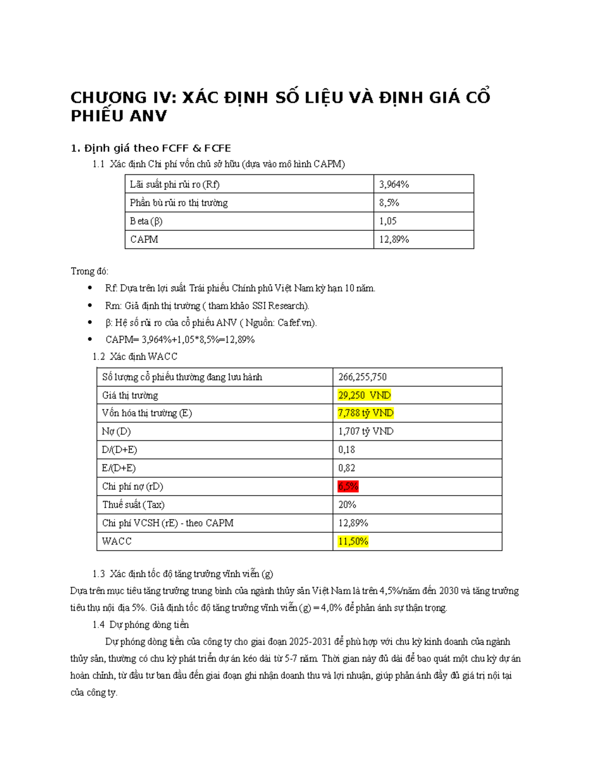 ĐỊNH GIÁ CỔ PHIẾU ANV THEO PHƯƠNG PHÁP FCFF VÀ FCFE - CHƯƠNG IV - Studocu