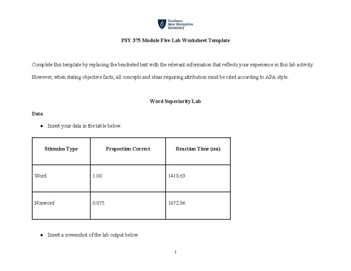PSY 375 Module Five Lab Worksheet Template - PSY 375 Module Five Lab ...