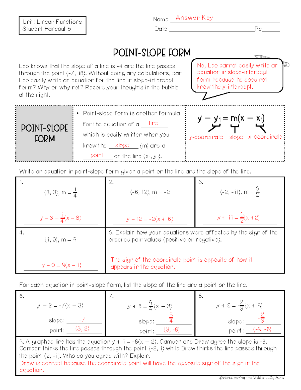 Point-Slope and Slope-Intercept Form Worksheets (Unit: Linear Functions ...