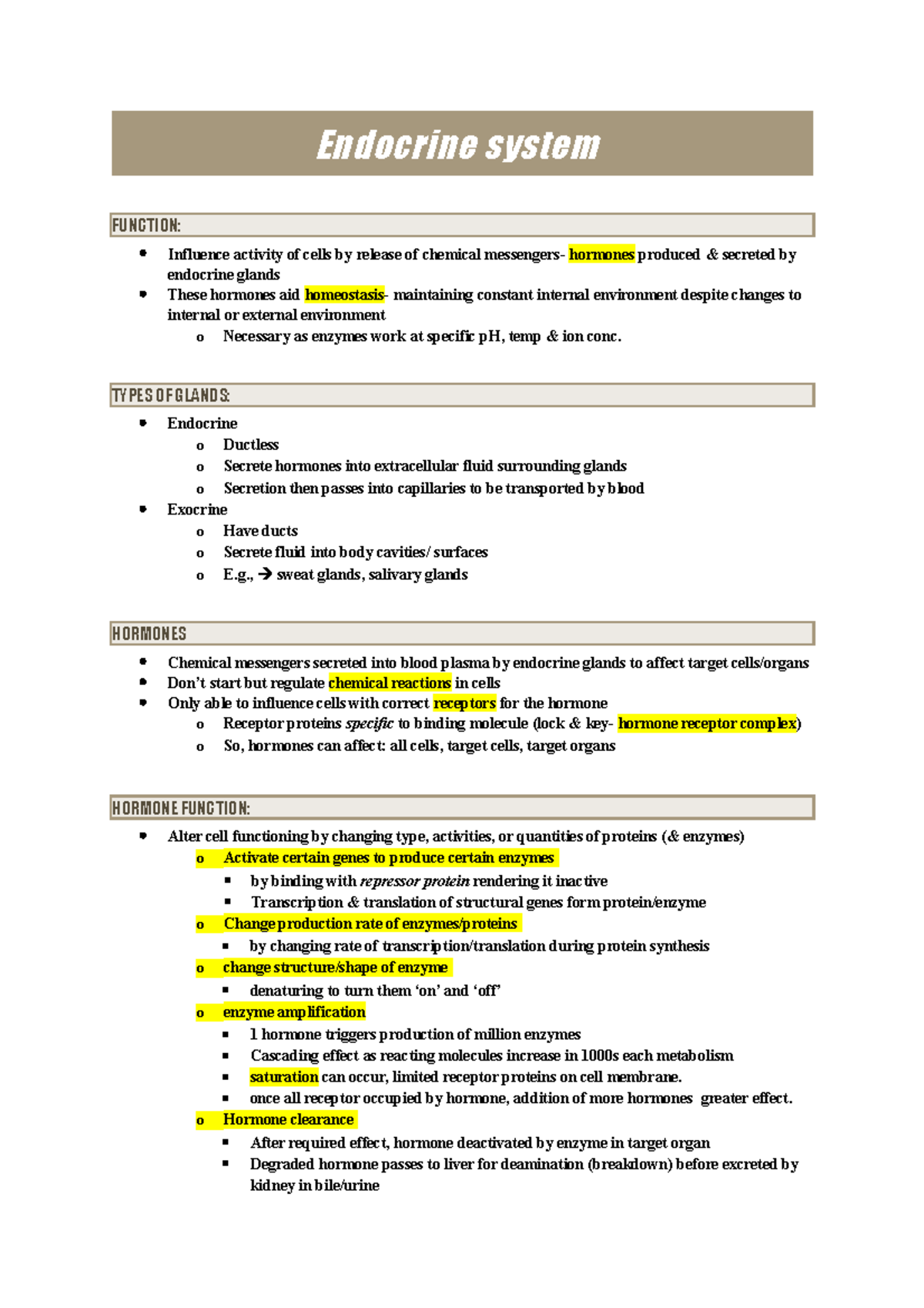 Human Biology Unit 3 - Endocrine system FUNCTION: Influence activity of ...