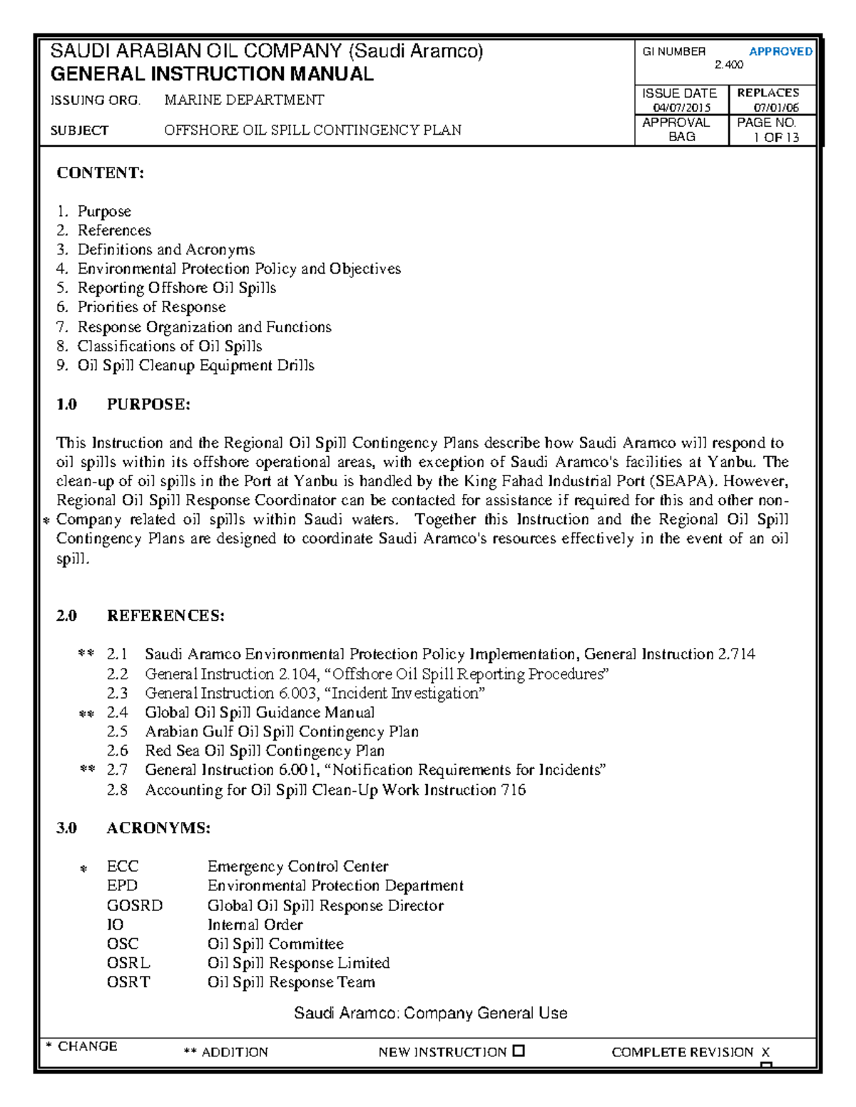 SAUDI ARAMCO OFFSHORE OIL SPILL CONTINGENCY PLAN GI 2.400 - Studocu