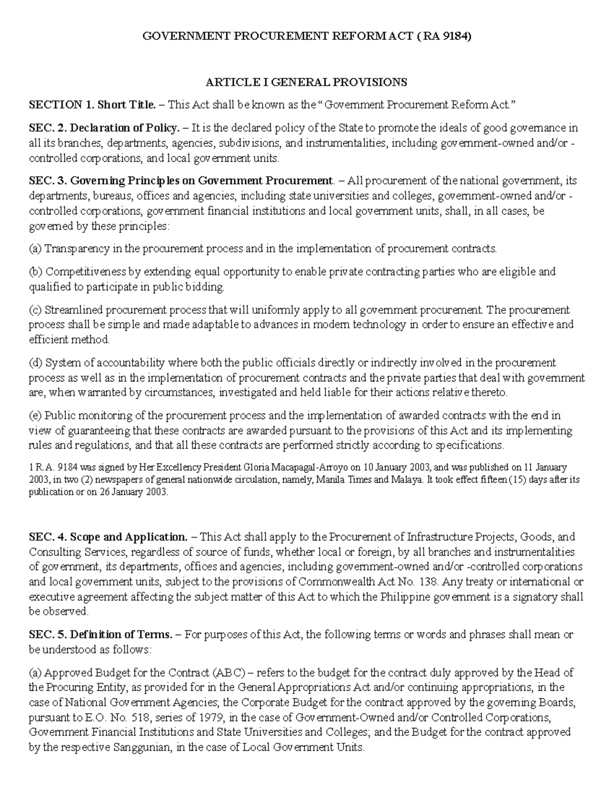 GOVERNMENT PROCUREMENT REFORM ACT (RA 9184) Summary and Key Provisions ...