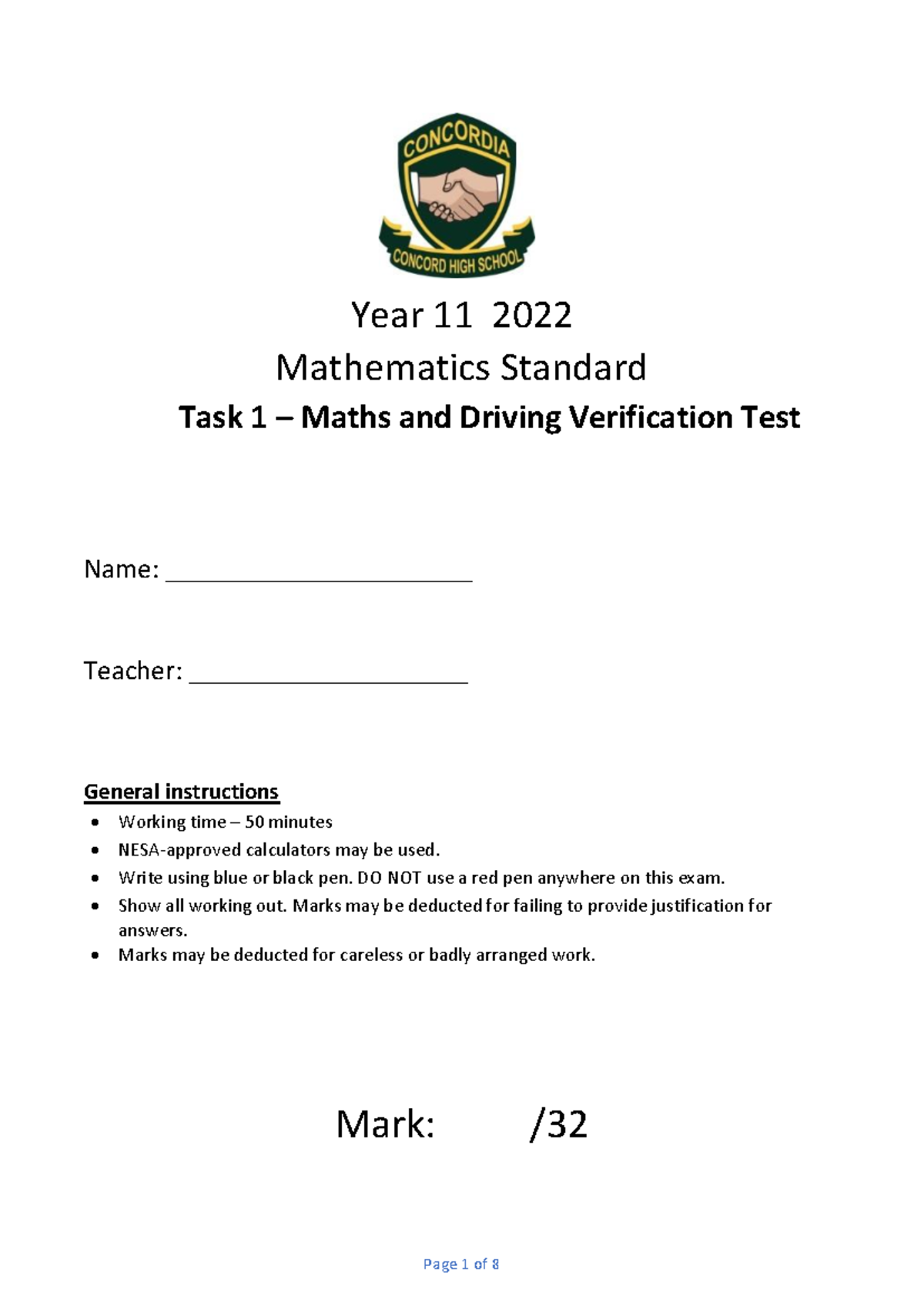 2022 Year 11 Mathematics Standard Task 1: Verification Test - Studocu