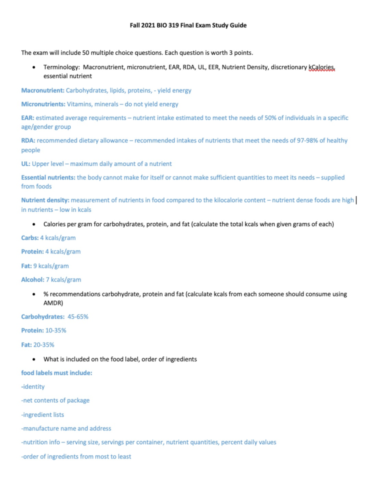Fall 2021 BIO 319 Final Exam Study Guide: Key Nutrient Concepts - Studocu