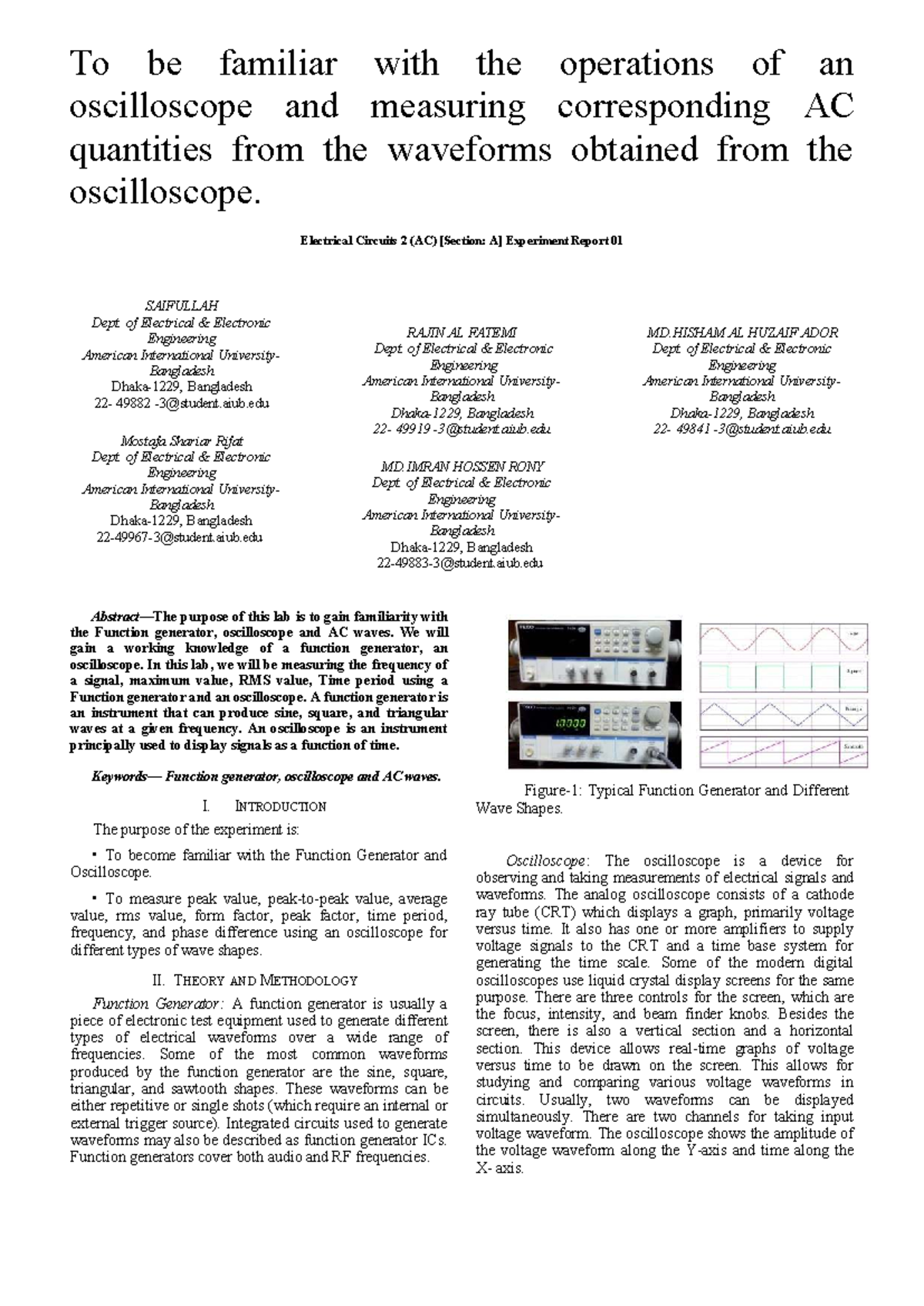 Electrical Circuits 2 (AC) Lab 1: Oscilloscope & Function Generator ...