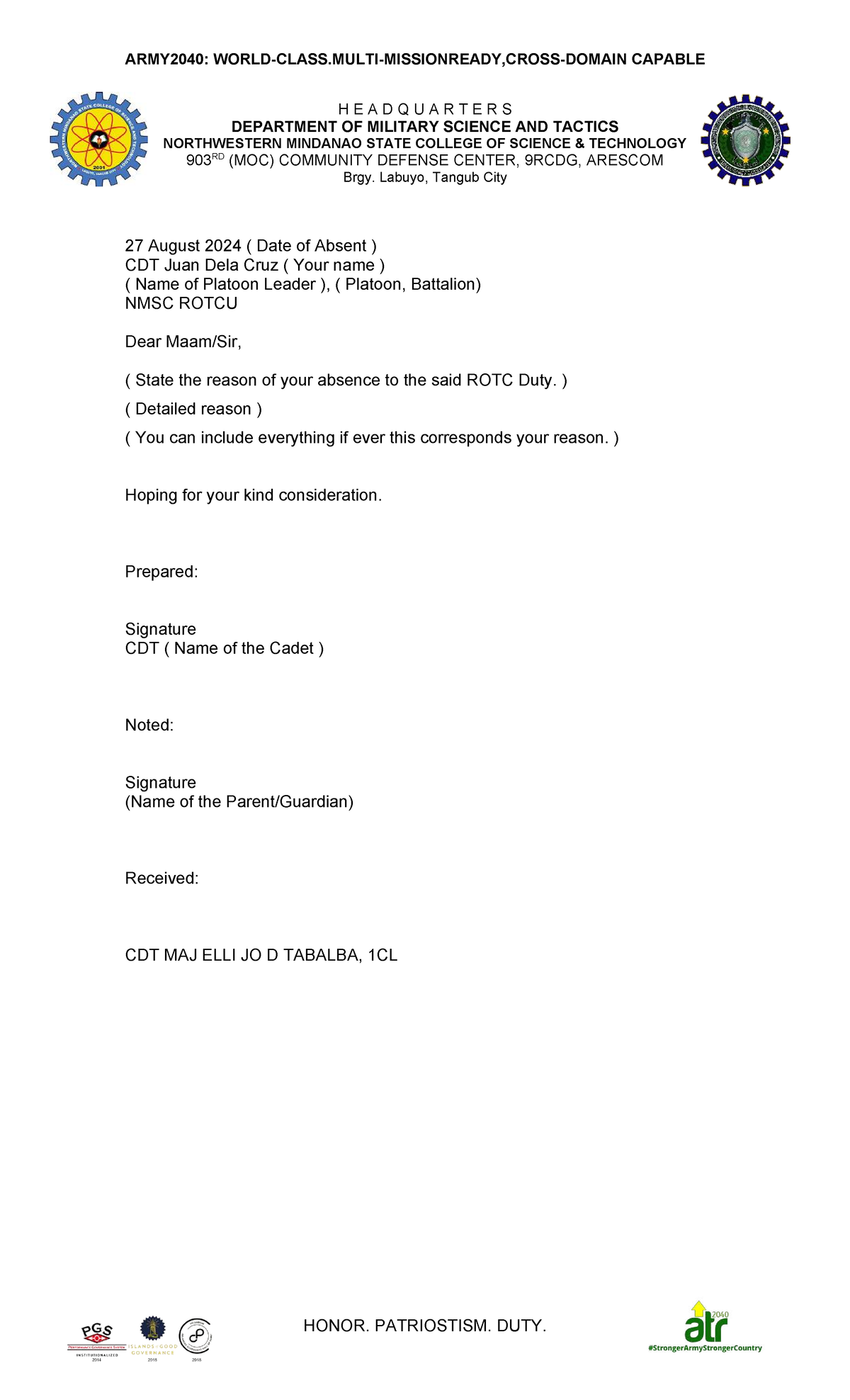 ARMY2040: Excuse Letter for ROTC Duty Absence - Studocu