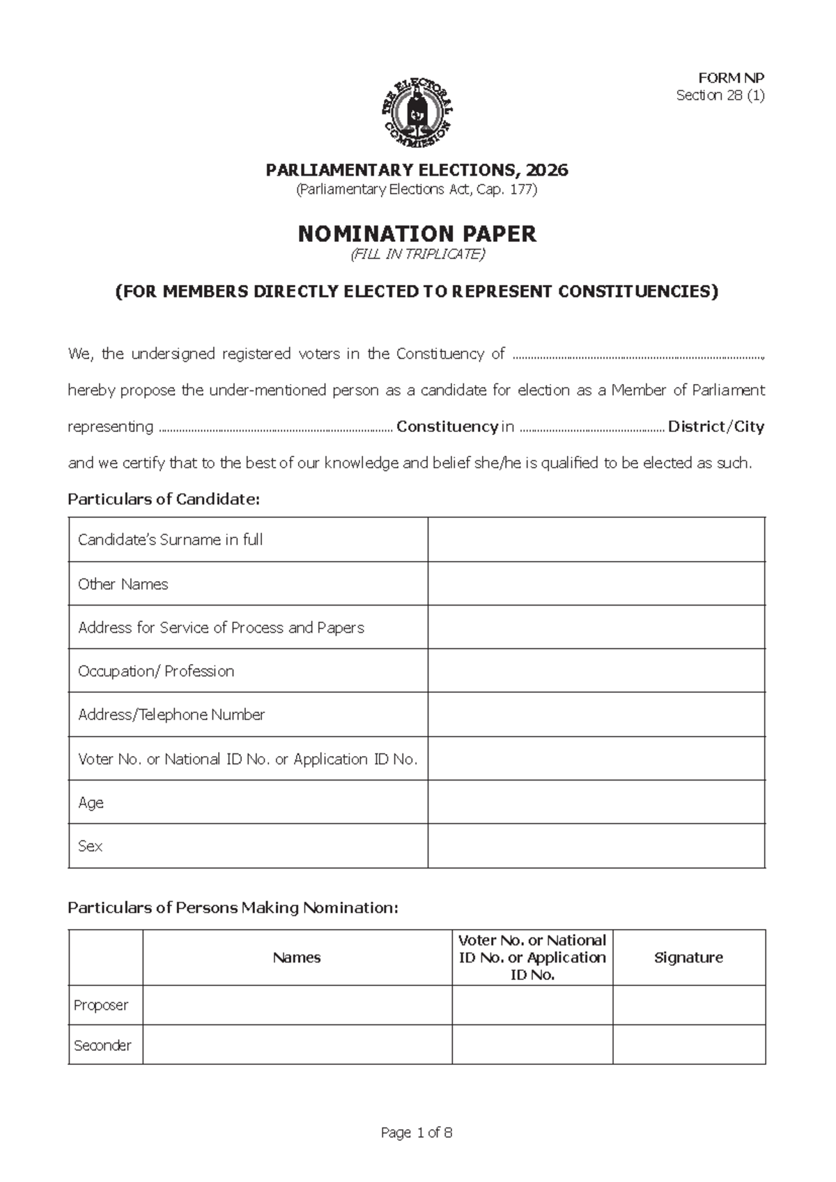 Directly Elected MP Nomination Forms - Parliamentary Elections 2026 ...