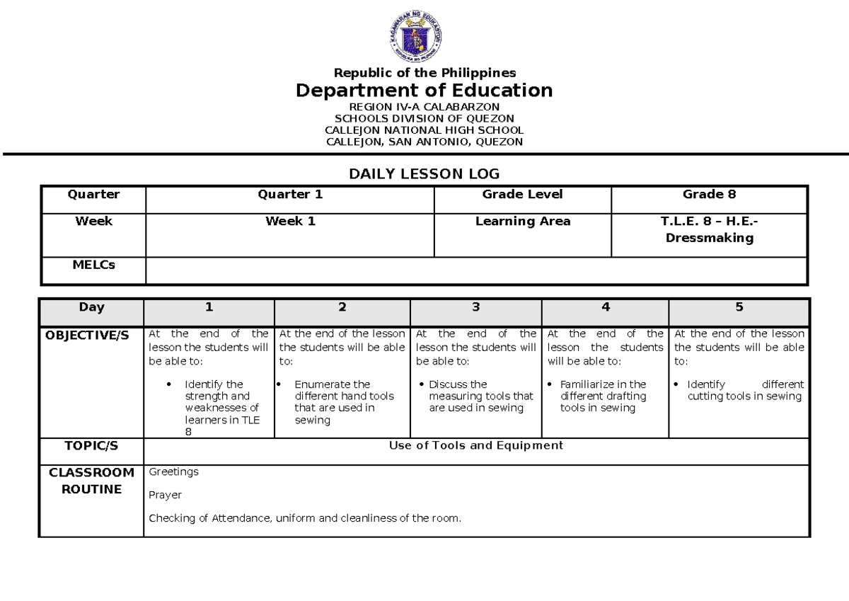 TLE HE DLL WEEK1 S - Daily Lesson Log Activity - Department of ...