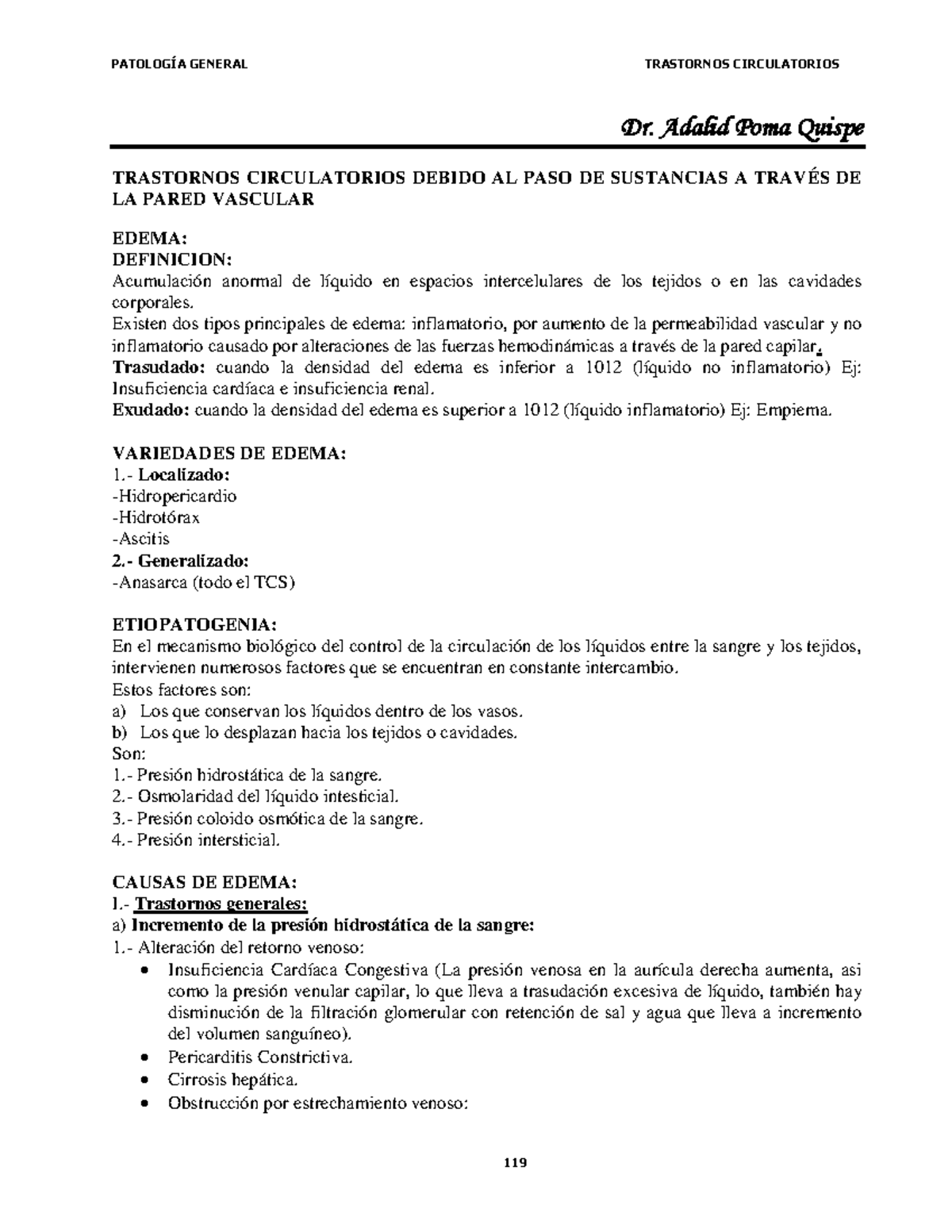 Trastornos Circulatorios: Edema, Hiperemia y Trombosis Detallados - Studocu