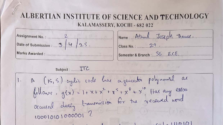 ITC 1 Assignment 2 - Cyclic Codes and LDPC Explanation - Studocu