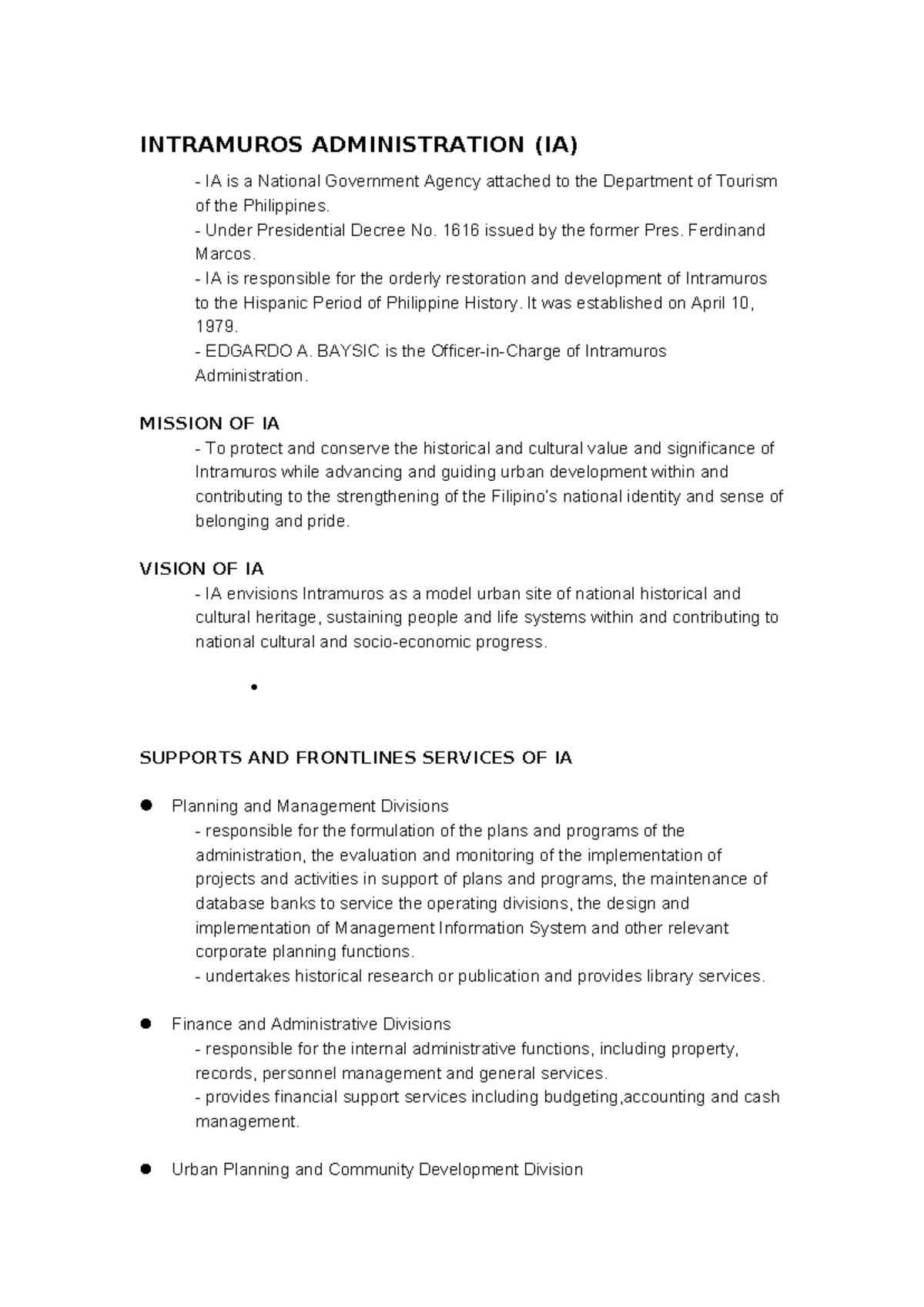 Intramuros Administration Overview: Structure, Mission & Services - Studocu
