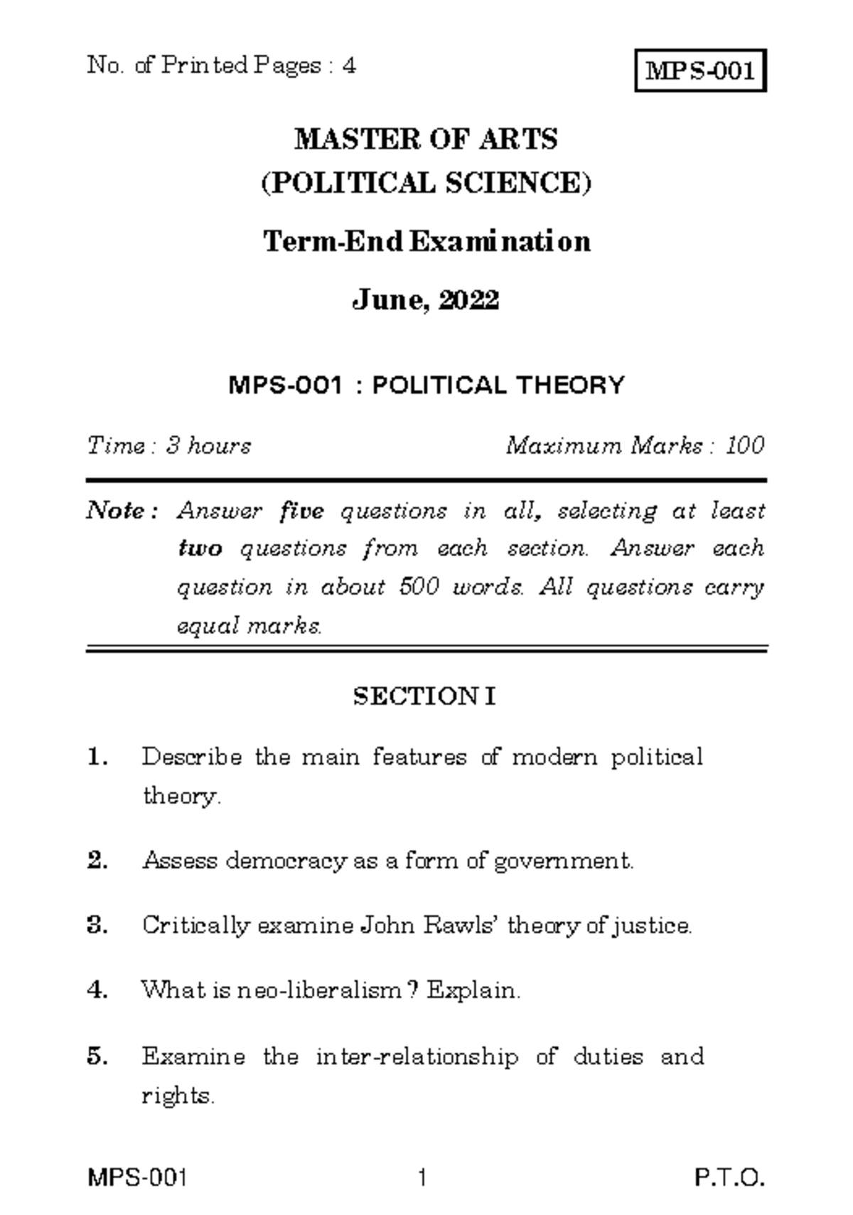 2022 M.A. (Political Science) Exam: Political Theory Question Paper ...