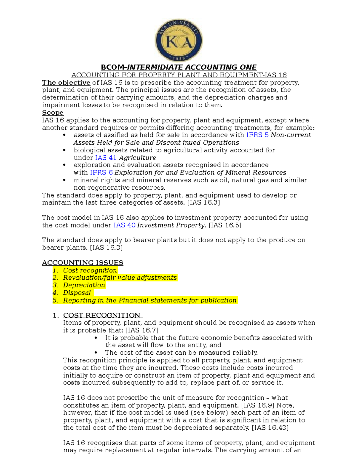 BCOM-IA1: IAS 16 Property, Plant, and Equipment Accounting Notes - Studocu