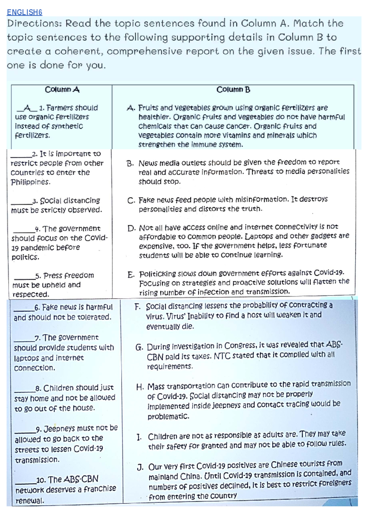 ENGLISH6 Activity Sheet: Matching Topic Sentences and Details - Studocu