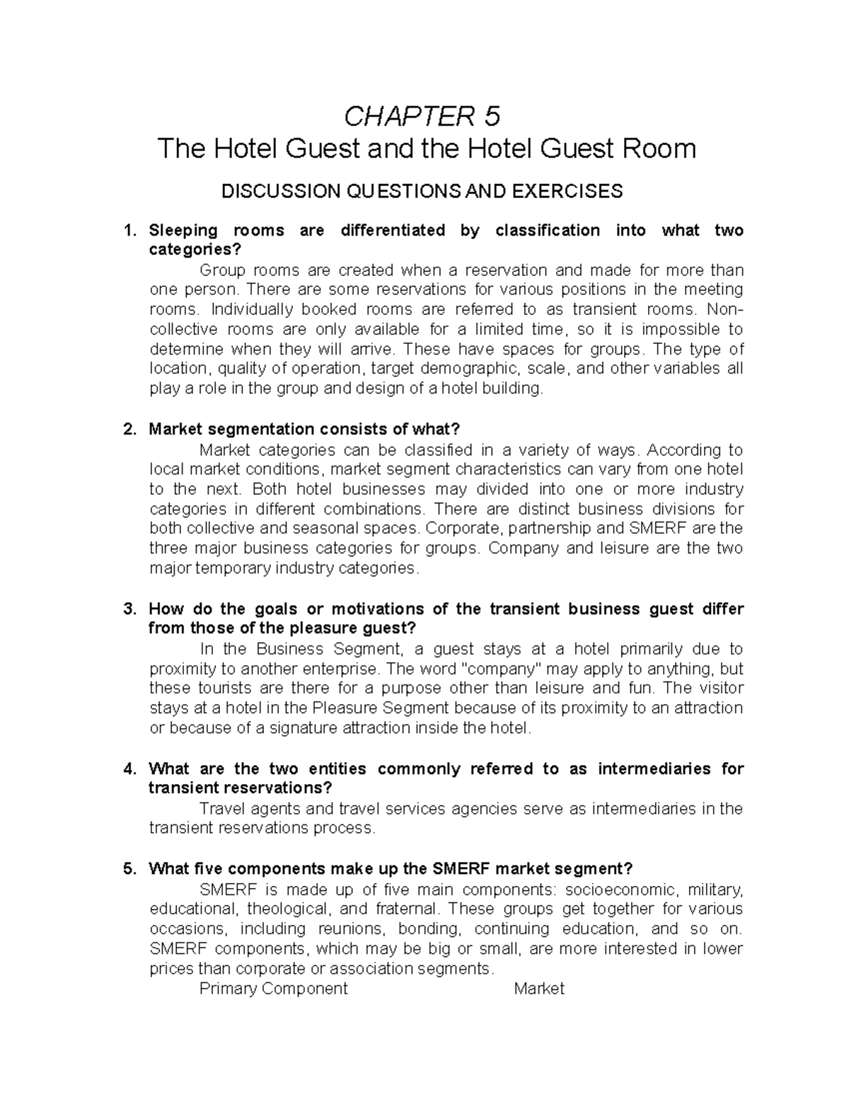 Chapter 5 - The Hotel Guest & Room Concepts Summary - Studocu