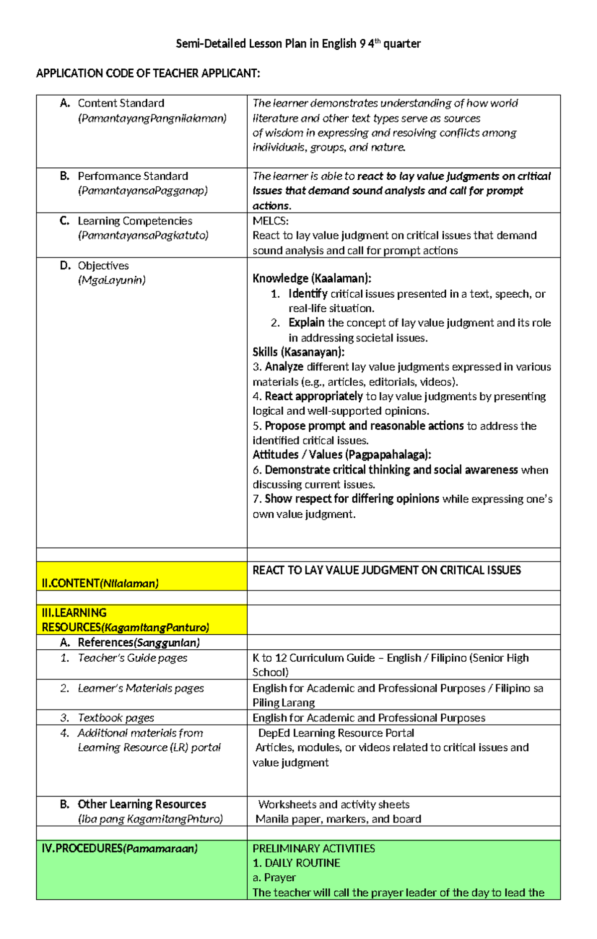 Detailed Lesson Plan for English 9 - 4th Quarter - Studocu