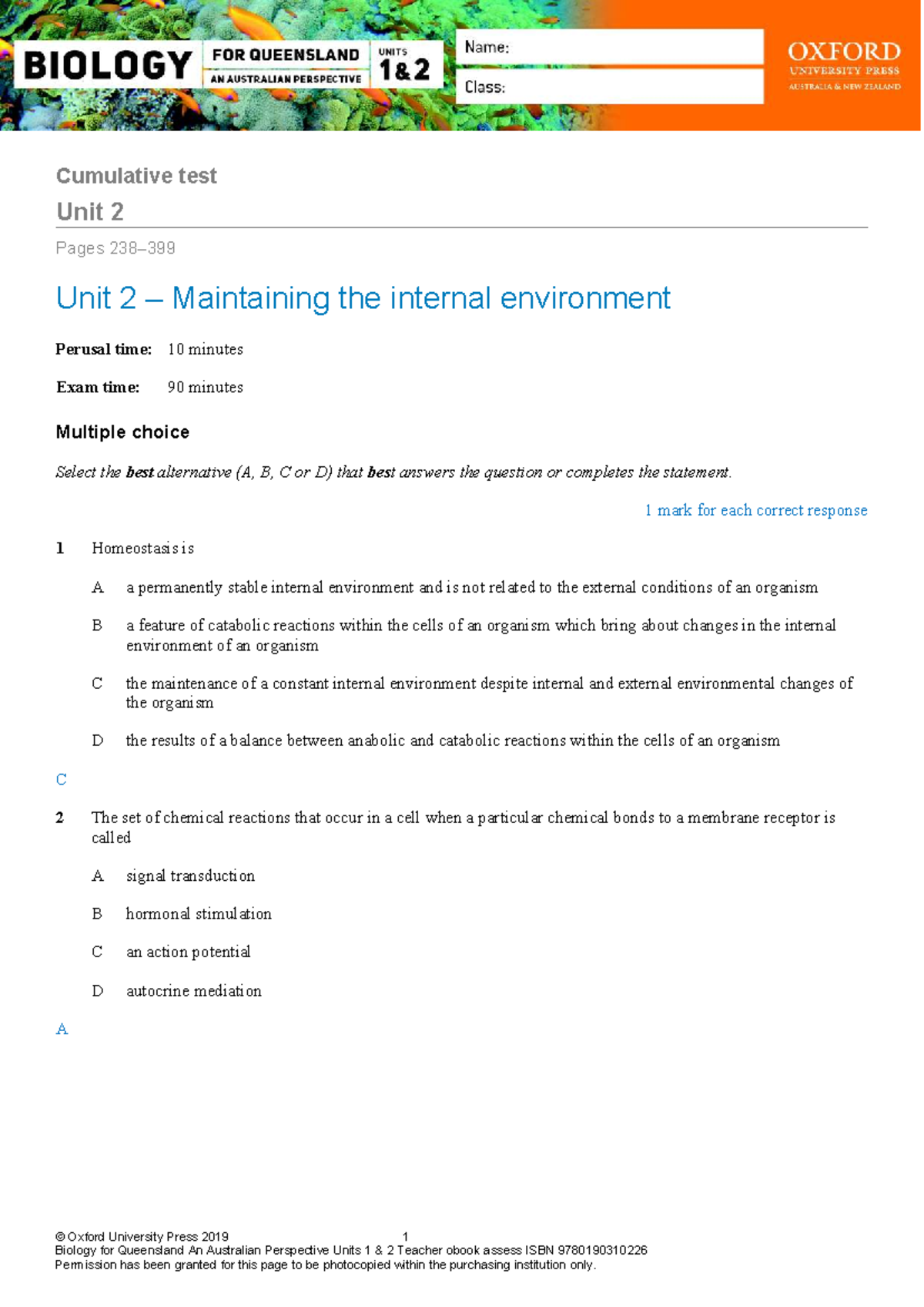 QLD BIO1&2 Unit 2 Cumulative Test: Homeostasis & Environmental ...