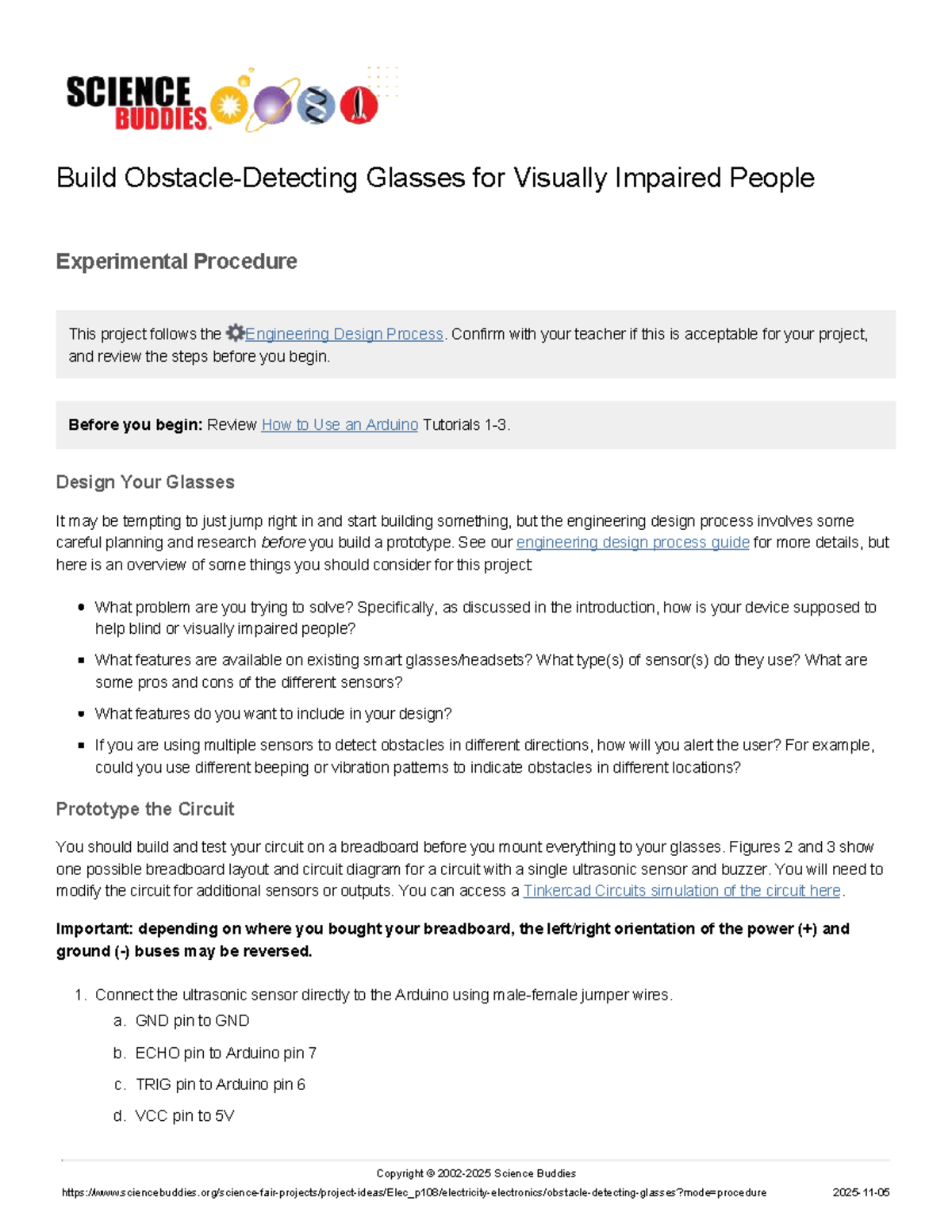 Engineering Design Process for Obstacle-Detecting Glasses Project - Studocu