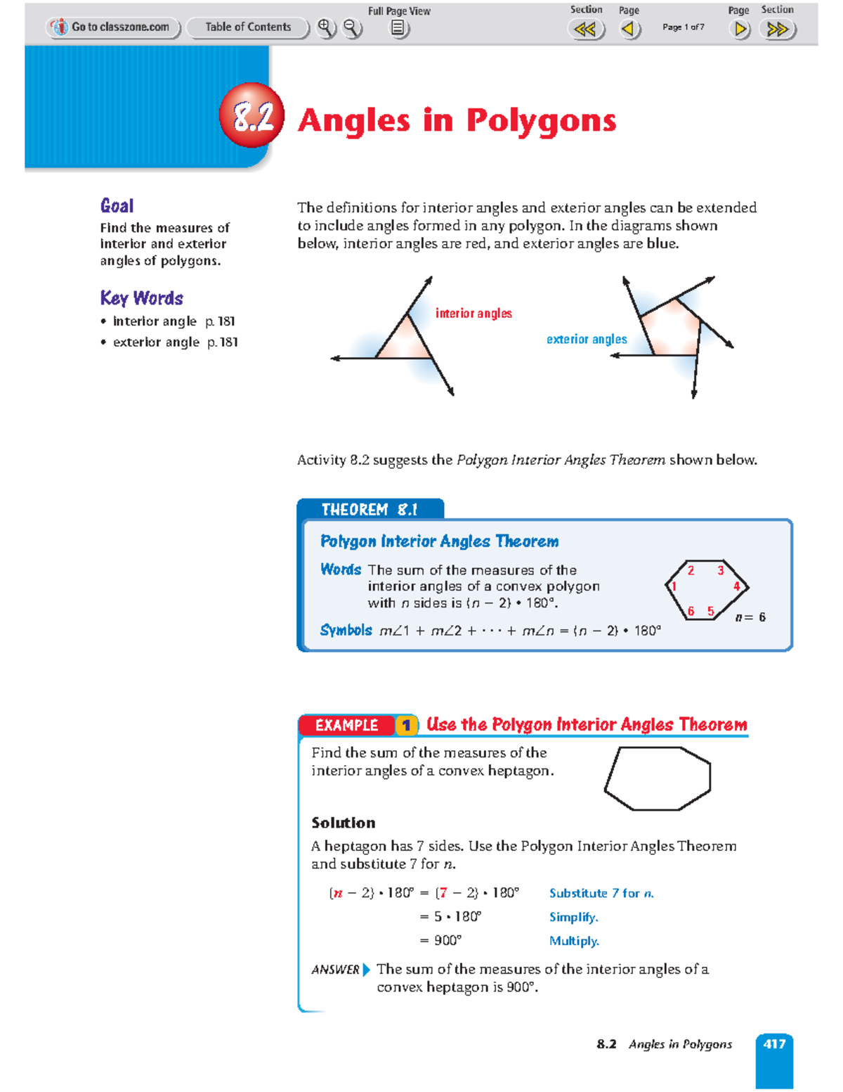 Exterior and Interior Angle - 8 Angles in Polygons 417 Goal Find the ...