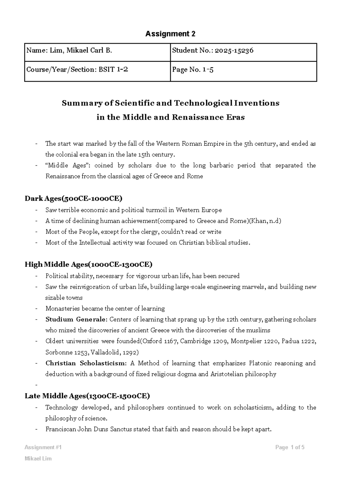STS 2: Summary of Scientific & Technological Inventions in the Middle ...