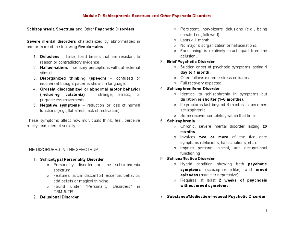 Module 7: Schizophrenia Spectrum & Psychotic Disorders Review - Studocu