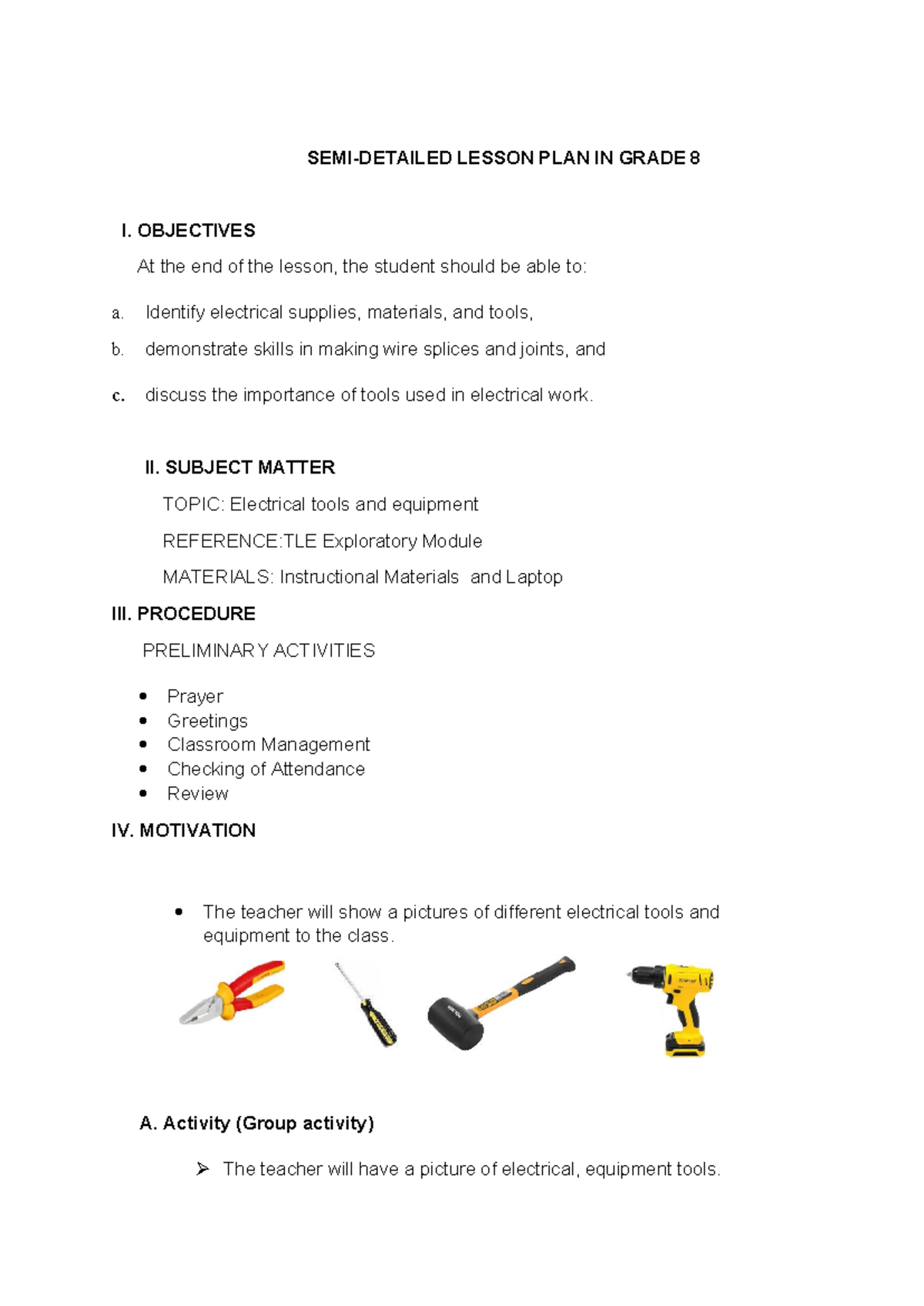 Grade 8 TLE 4A's LP - Lesson on Electrical Tools and Equipment - Studocu