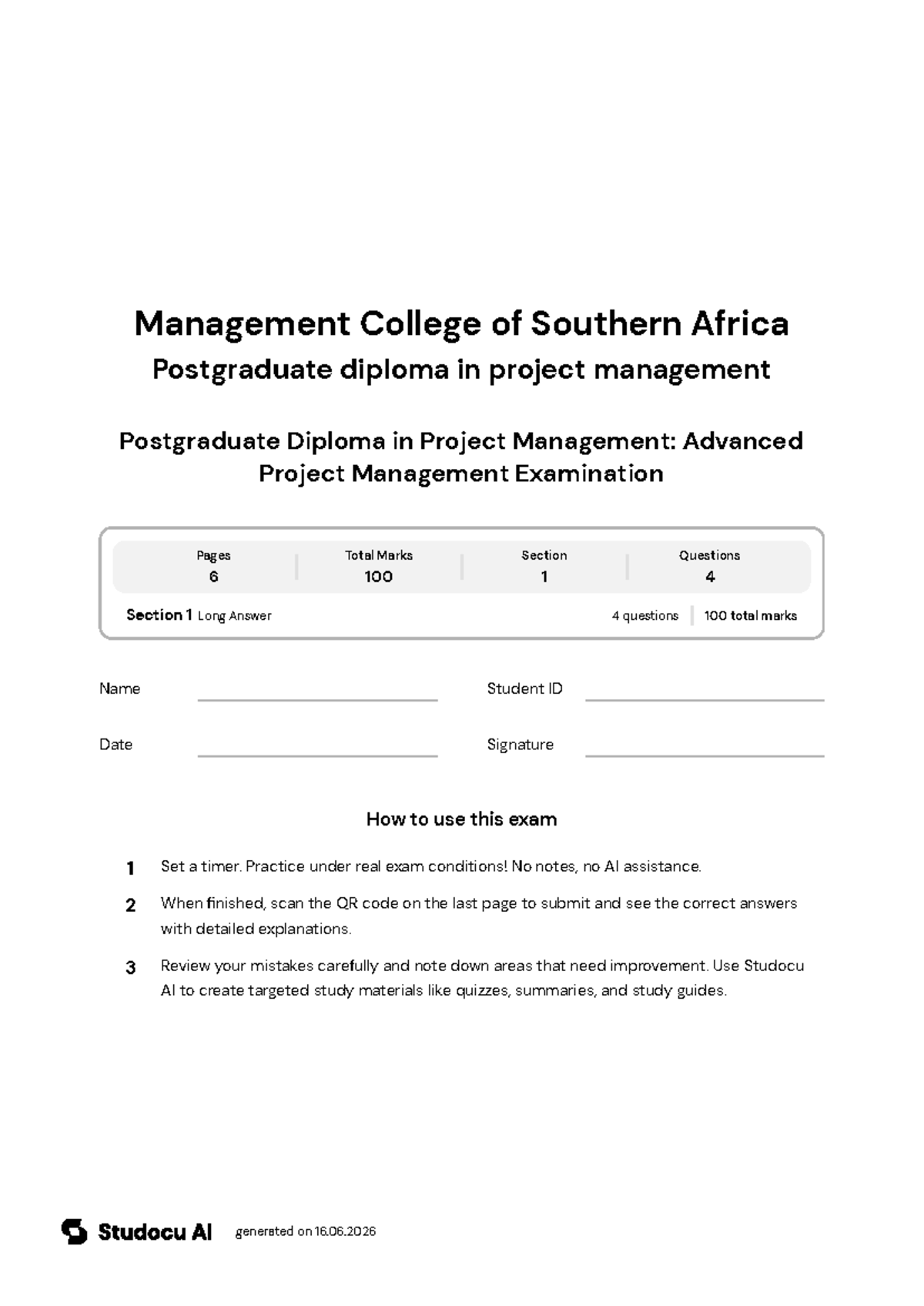 Postgraduate Diploma in Project Management: Advanced Exam - Studocu