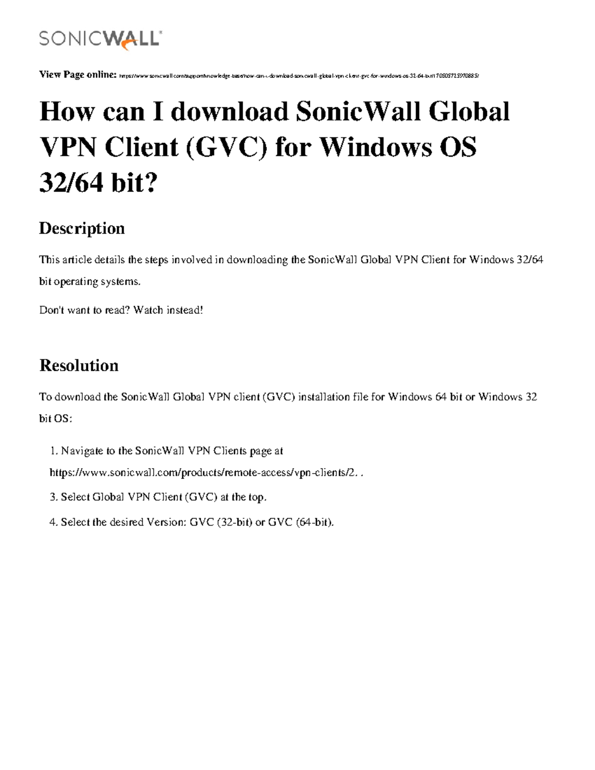Downloading SonicWall Global VPN Client (GVC) for Win 32/64-bit - Studocu