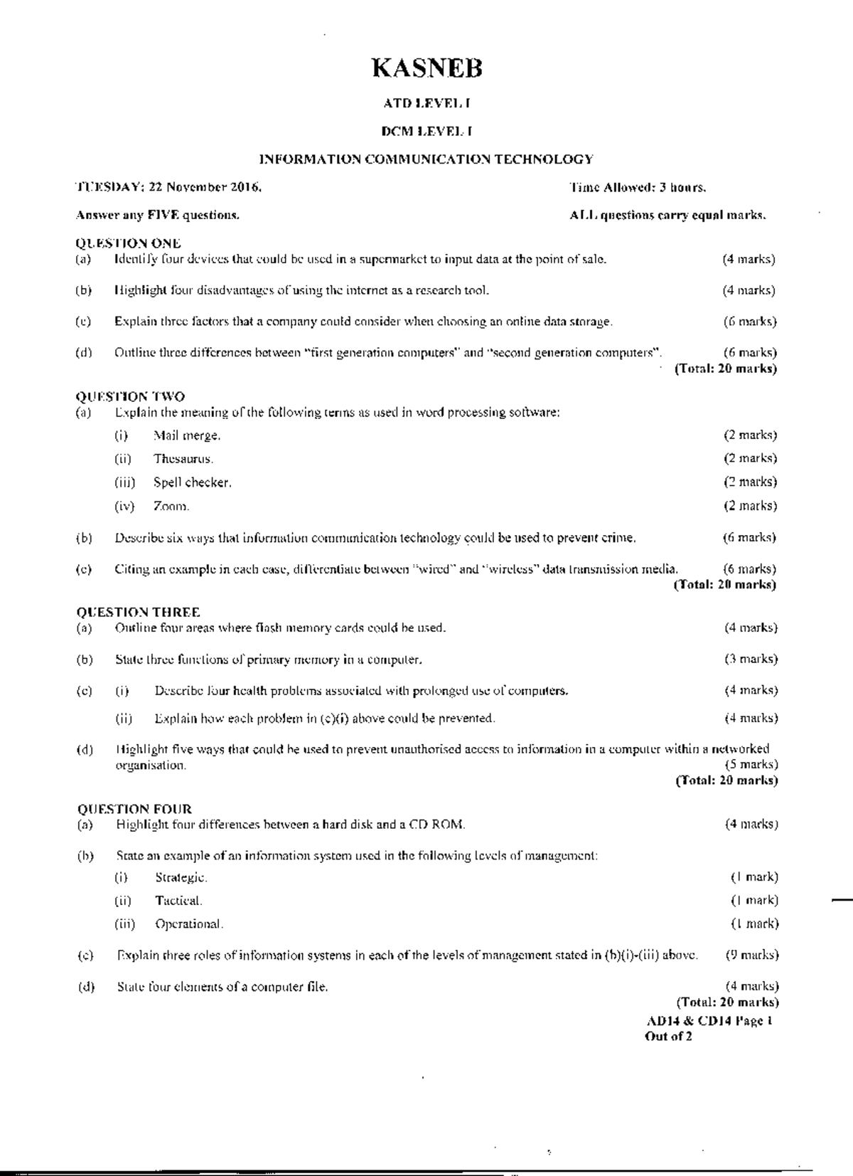 KASNEB ATD Level I DCM Level I ICT Exam Questions - Nov 2016 - Studocu