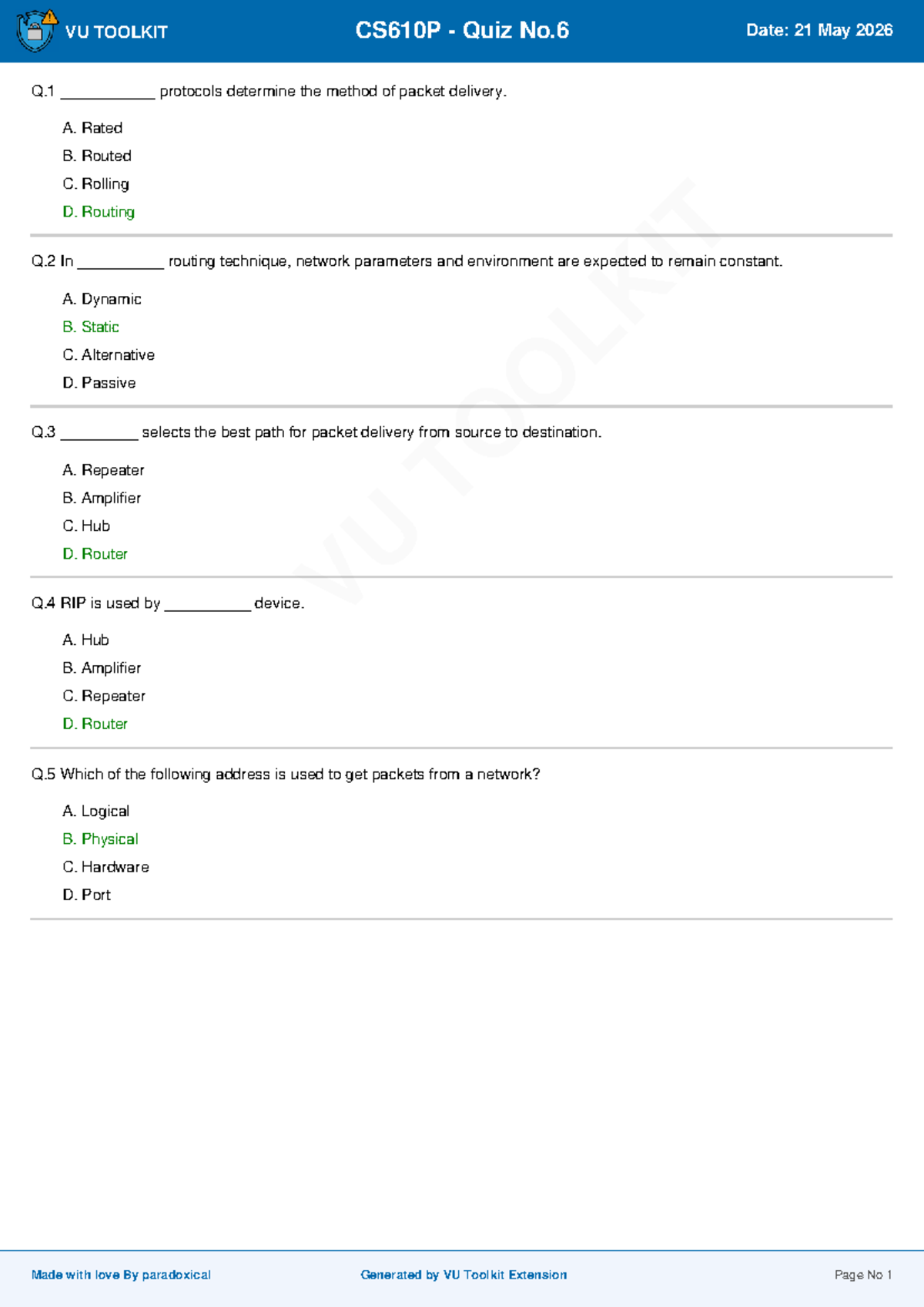 CS610P Quiz No.6 - Packet Delivery Protocols and Routing - Studocu