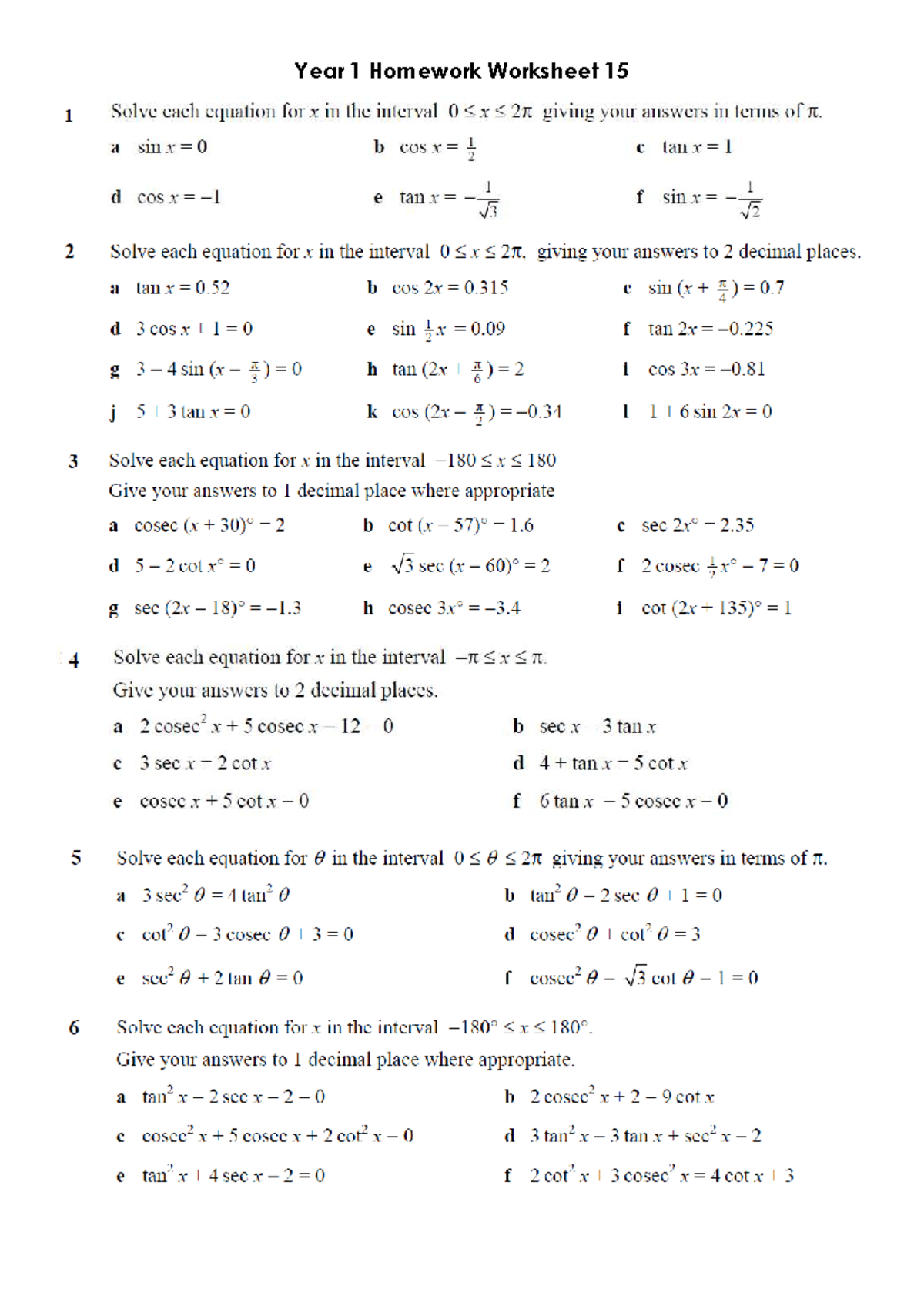 Year 1 Homework Worksheet 15 - Trigonometric Practice Questions - Studocu