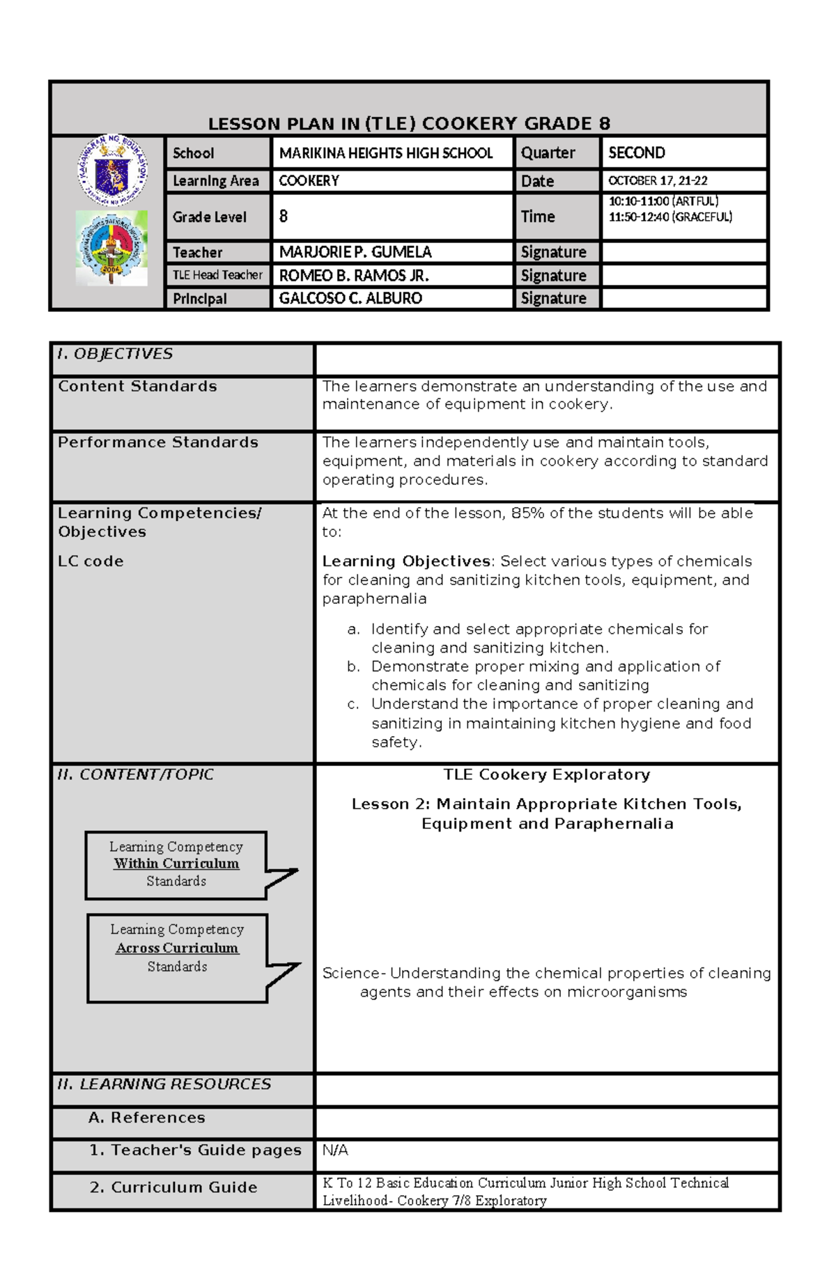 DLP-TLE Grade 8 Cookery Lesson Plan: Selecting Cleaning Agents - Studocu