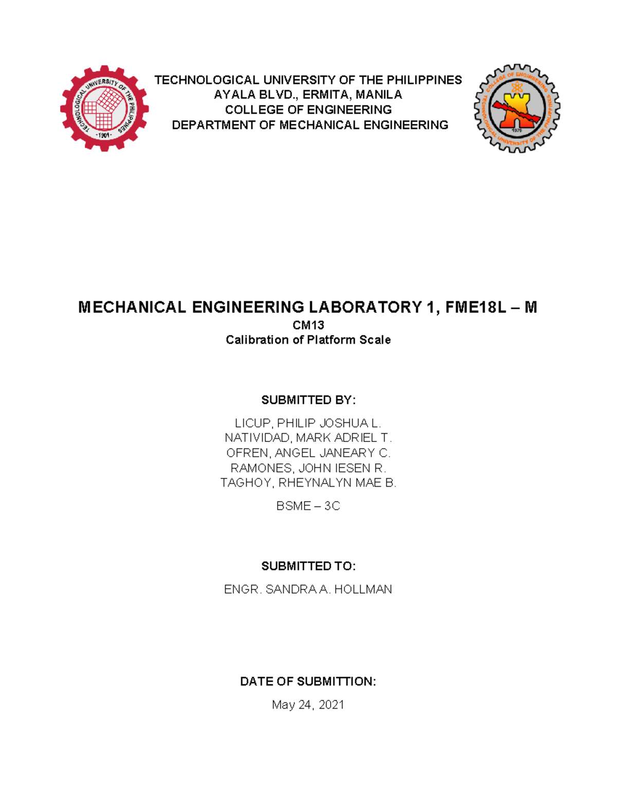 CM13 ME LAB1 BSME 3C - Calibration of Platform Scale - TECHNOLOGICAL UNIVERSITY OF THE ...