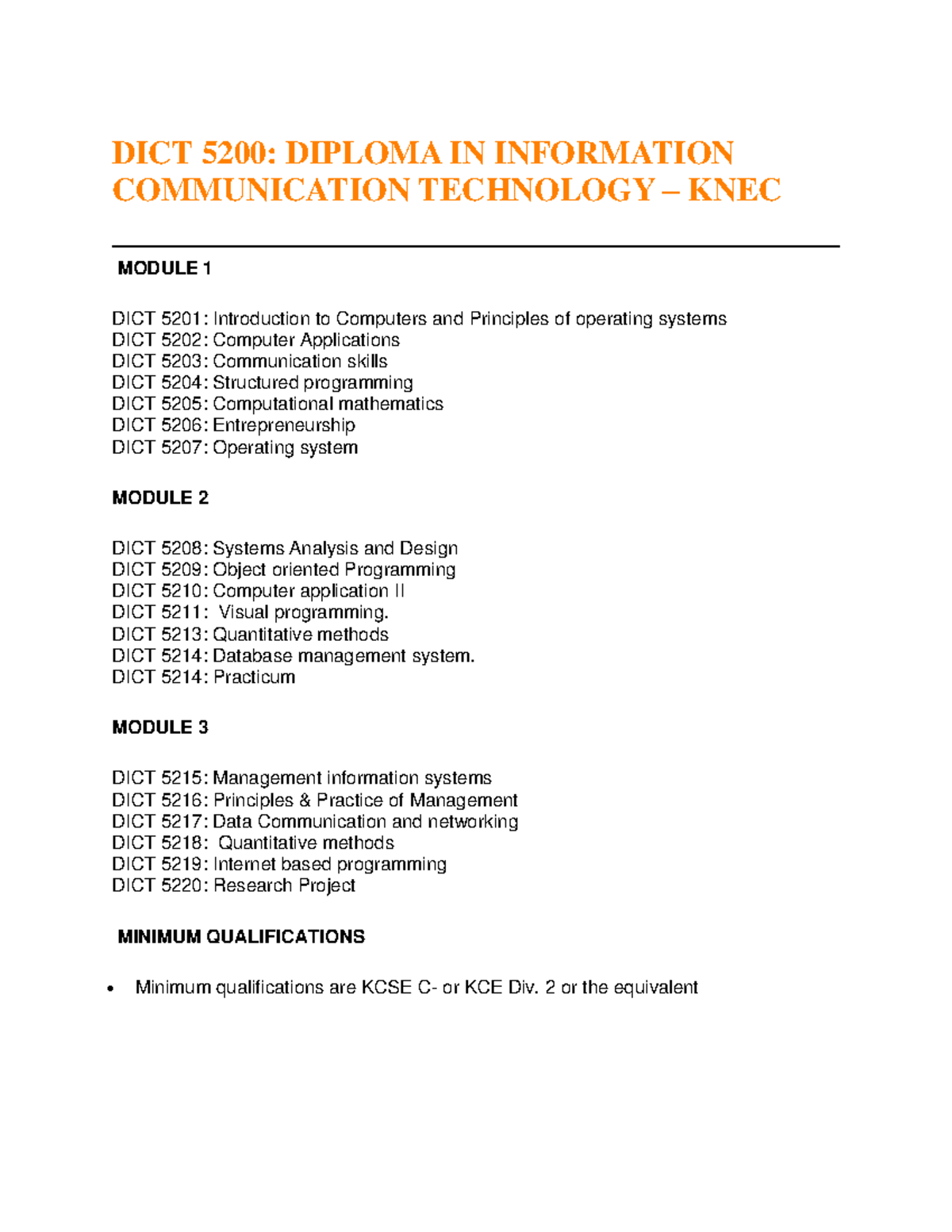 ICT Diploma KNEC Syllabus Overview for DICT Modules 5200-5220 - Studocu