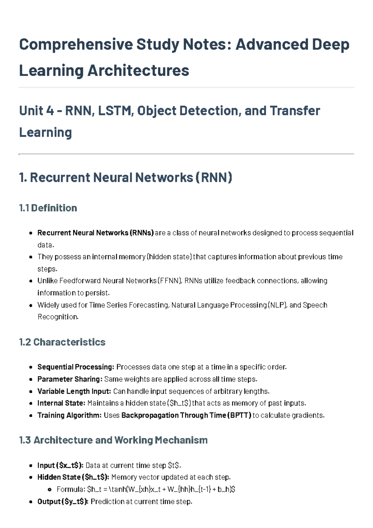 Unit 4 Study Notes: Advanced Deep Learning - RNN, LSTM, Object ...