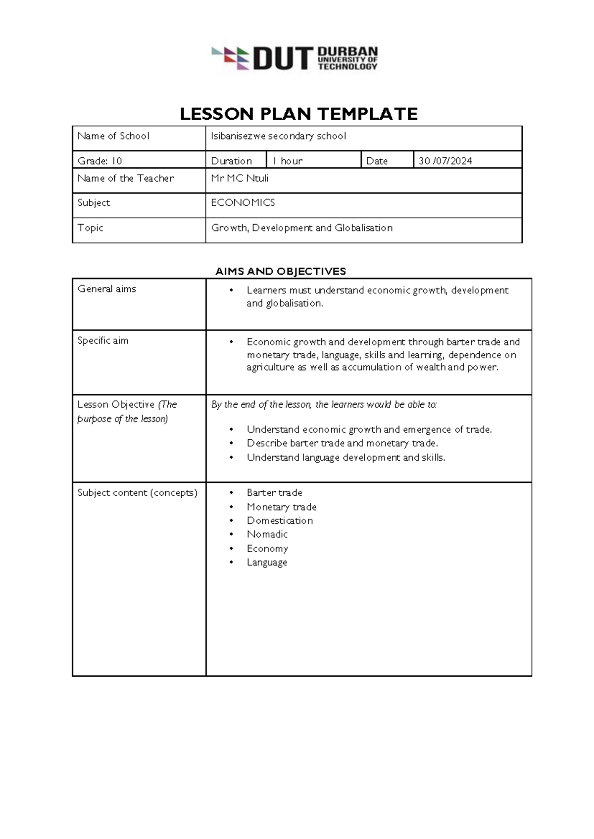 ECON 10: Lesson Plan on Growth, Development & Globalisation - Studocu