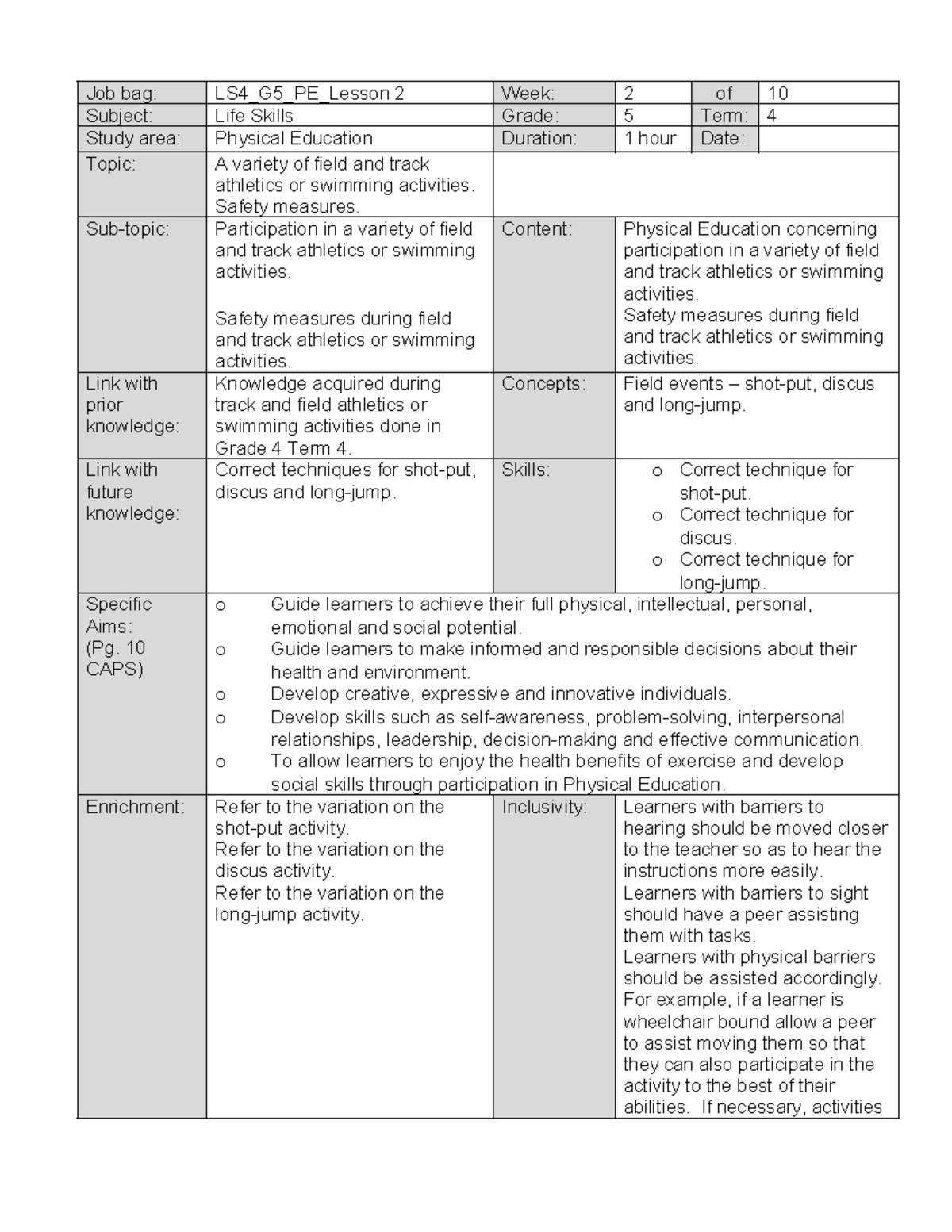 LS4_G5_PE_Lesson 2: Field & Track Athletics Activities Guide - Studocu