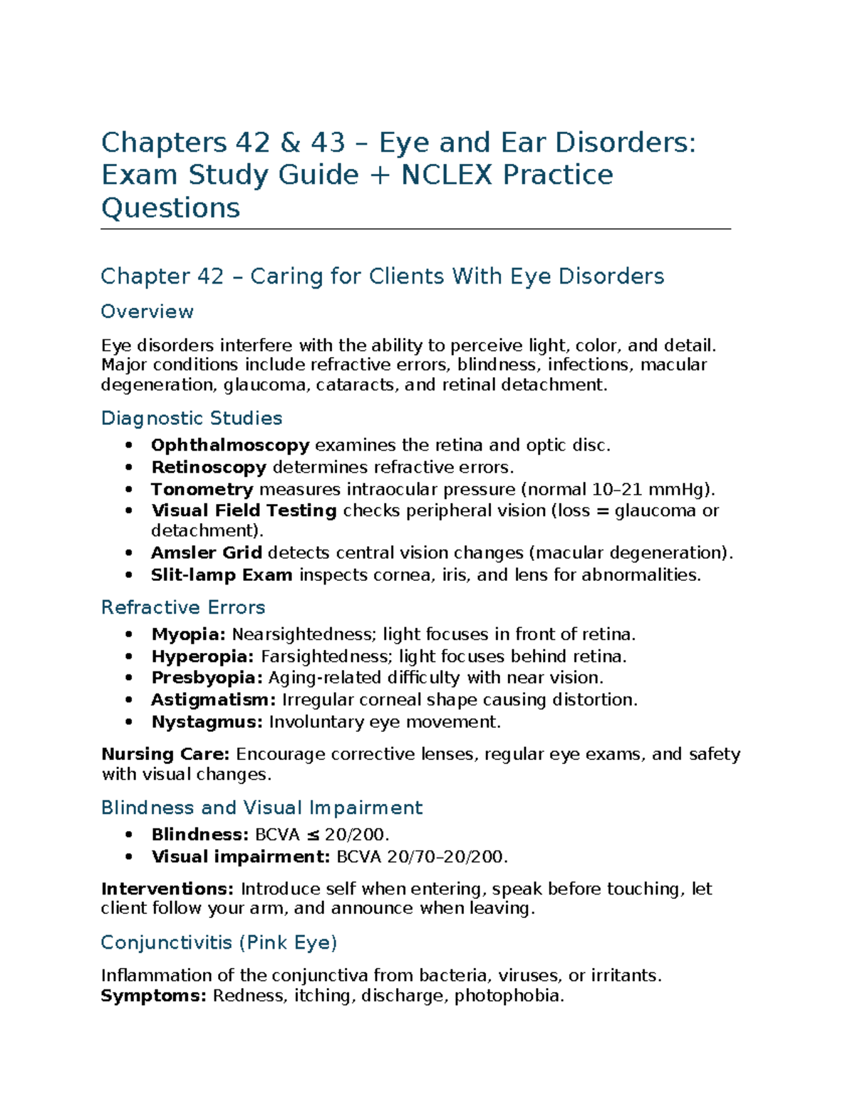 Chapters 42 & 43: Eye and Ear Disorders - NCLEX Exam Study Guide - Studocu