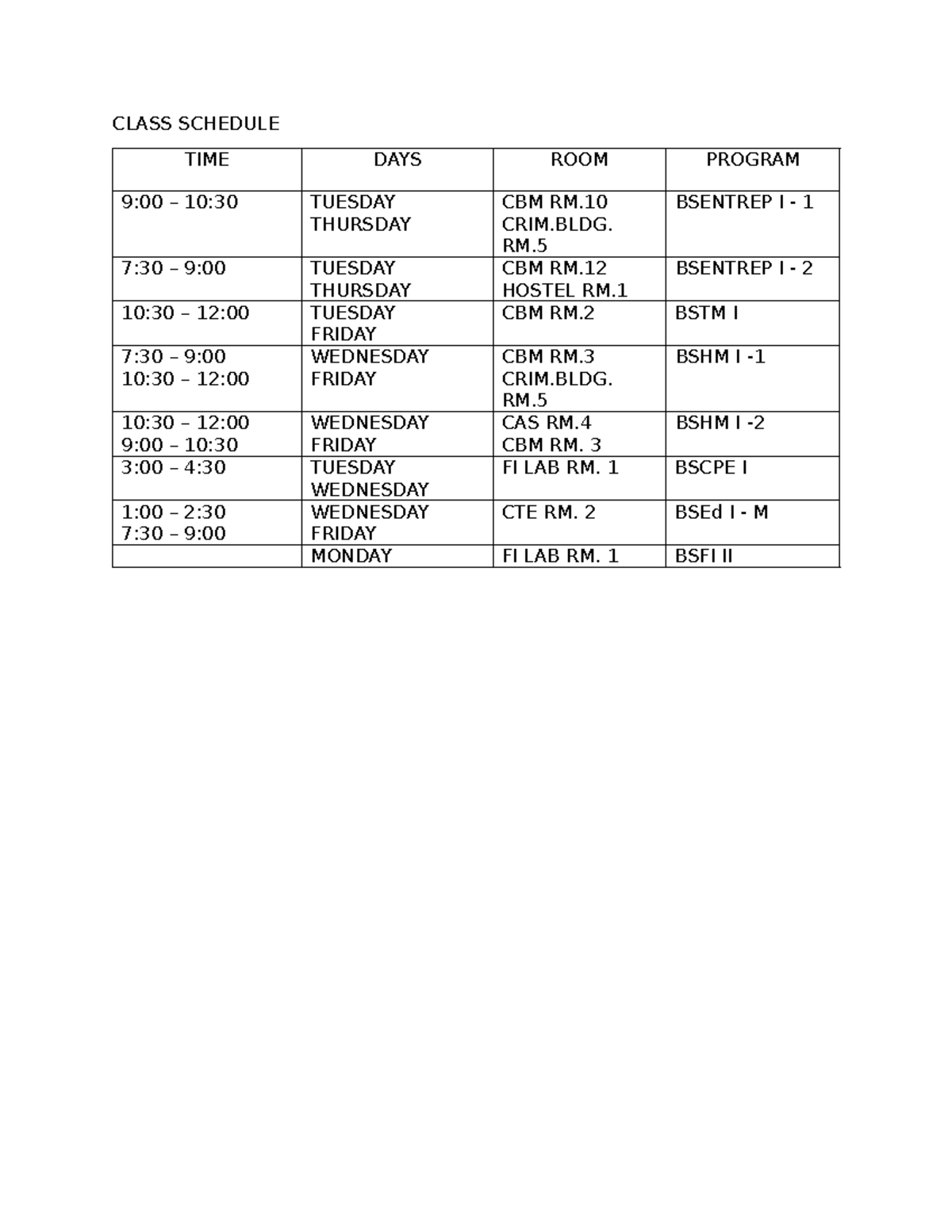 Class- Schedule - Course Syllabus - CLASS SCHEDULE TIME DAYS ROOM ...