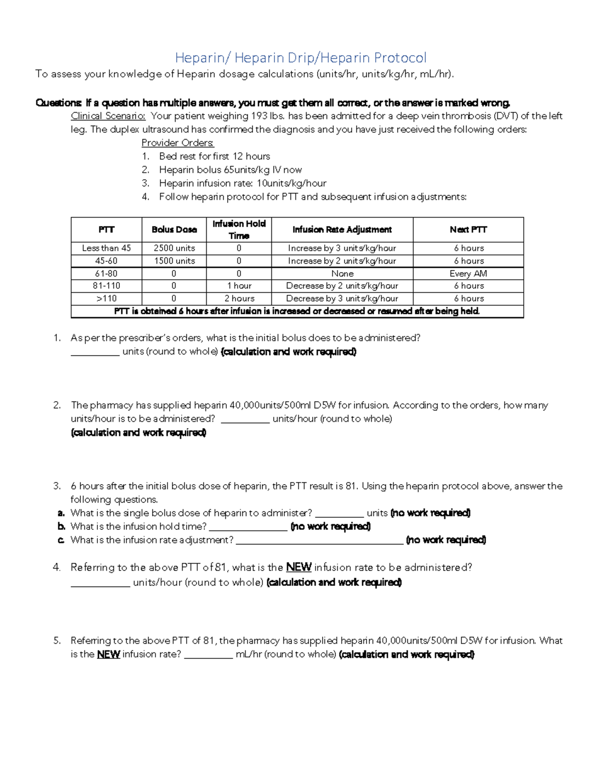 Heparin Practice 2019-1 - Heparin/ Heparin Drip/Heparin Protocol To ...