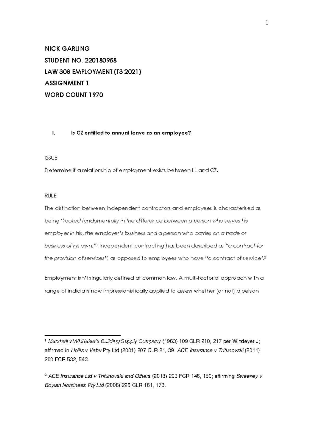 Employment Law 308 Assignment - T3 2021 - Final Submission - Garling ...