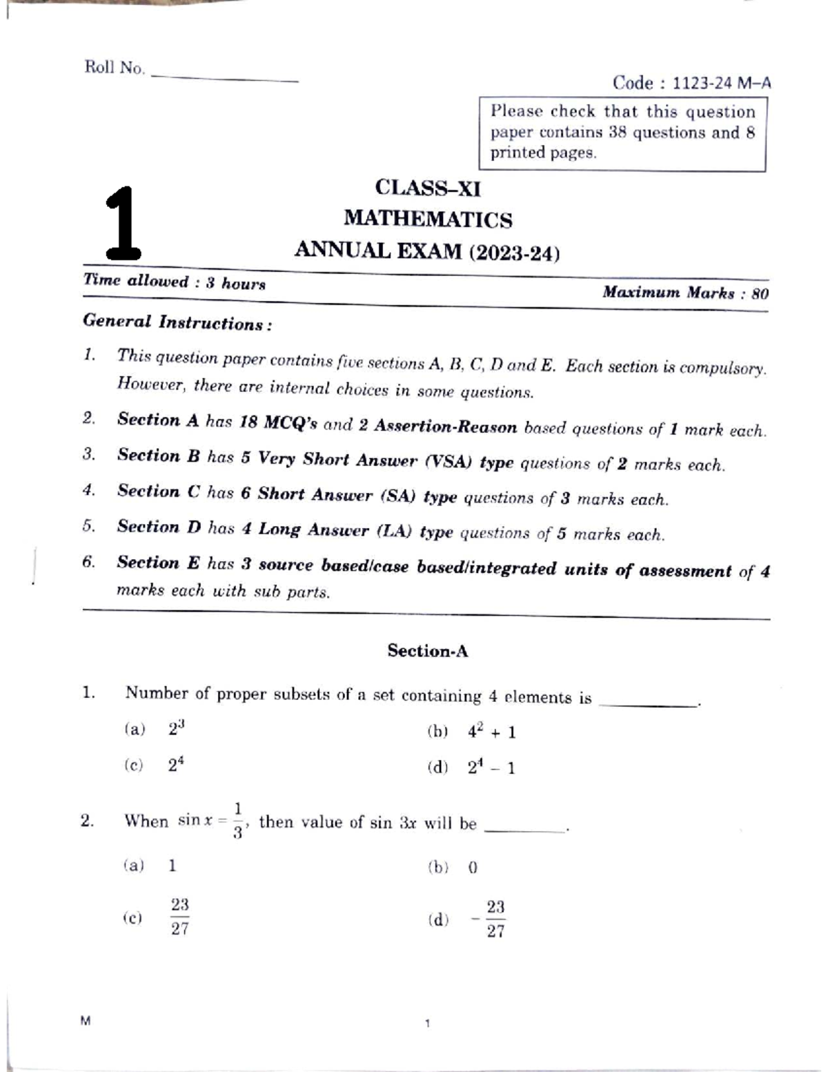 XI Final Exam 2024: Mathematics Annual Exam Paper - Studocu