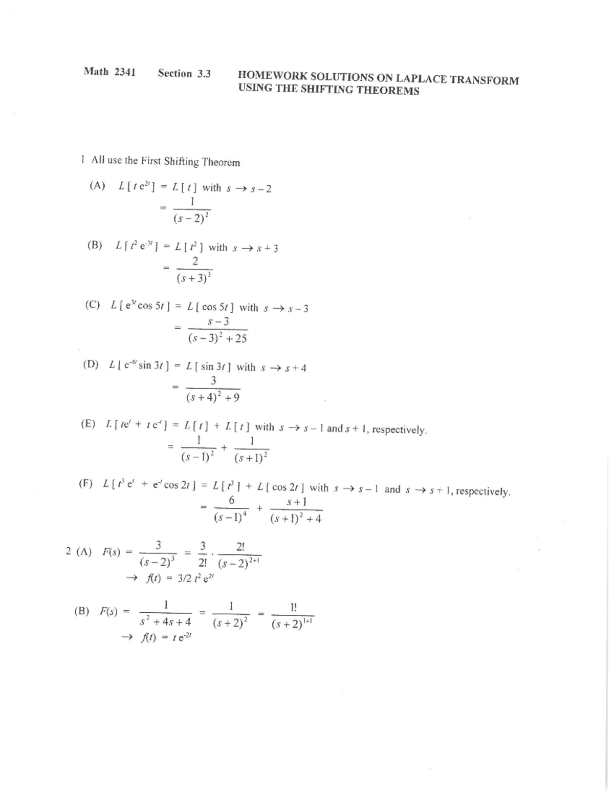 Math 2341 Homework Solutions: Laplace Transform & Shifting Theorems ...