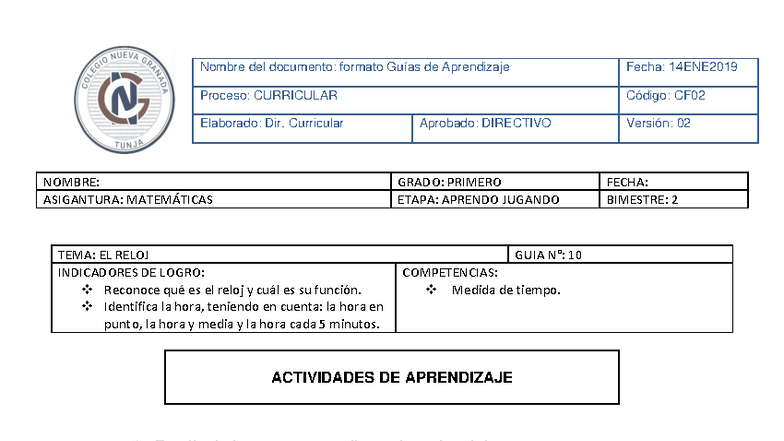 Guía de Aprendizaje: El Reloj - Matemáticas CF02 - Studocu