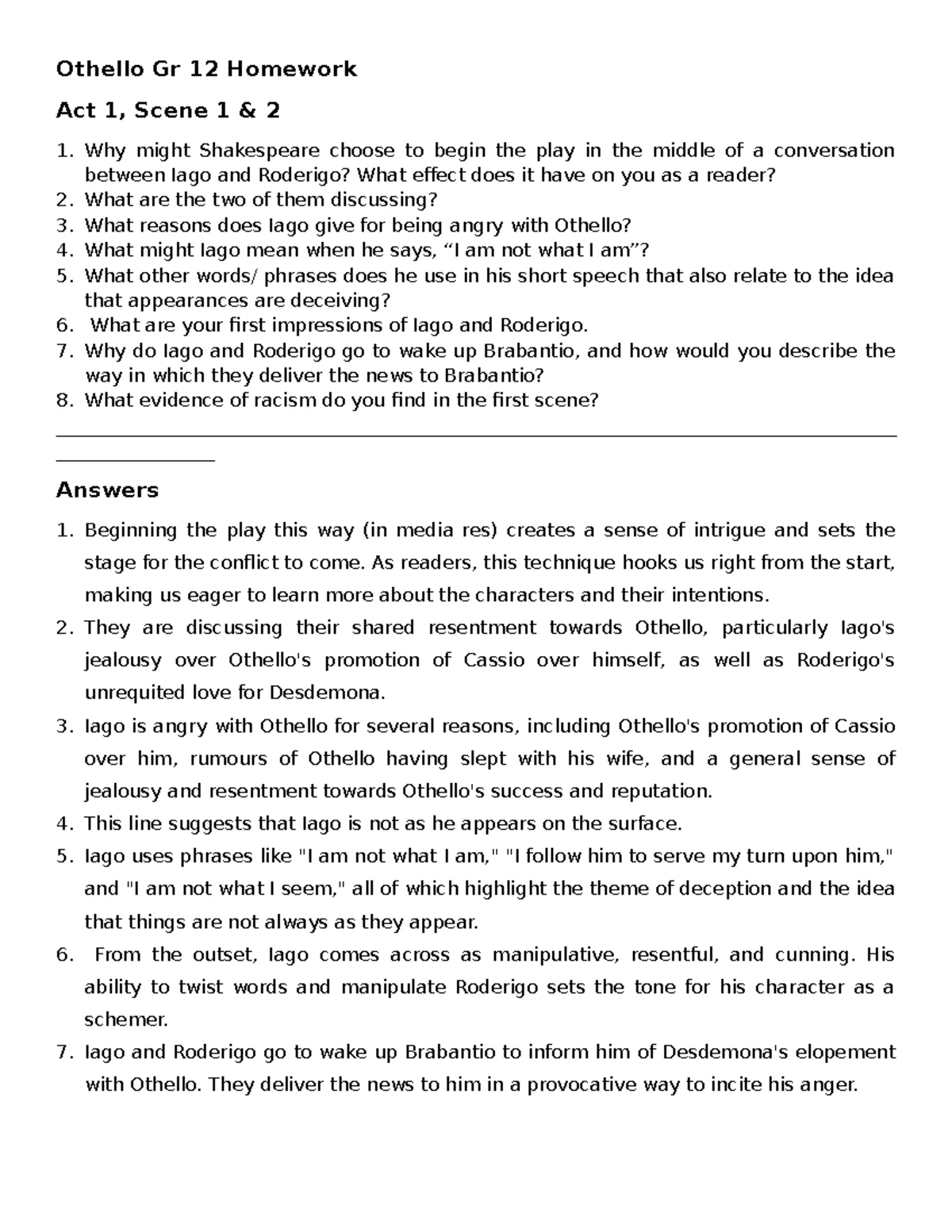 Othello (ENG 101) Modern English Translation: Act 1 Scenes 1-2 - Studocu