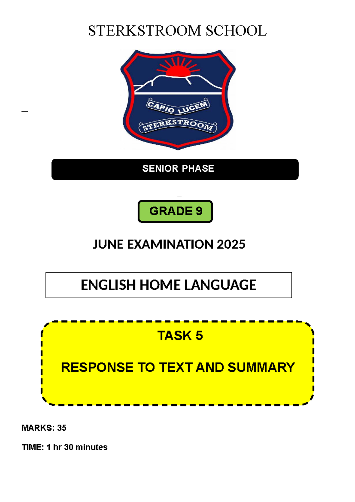 Grade 9 June Exam 2025: English Home Language Task 5 - Studocu