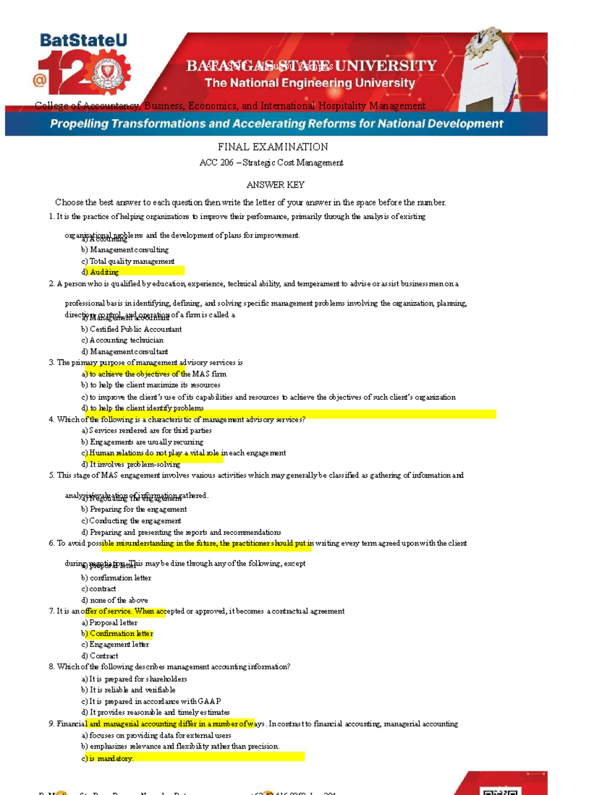 ACC 206 Final Exam Answer Key: Strategic Cost Management - Studocu