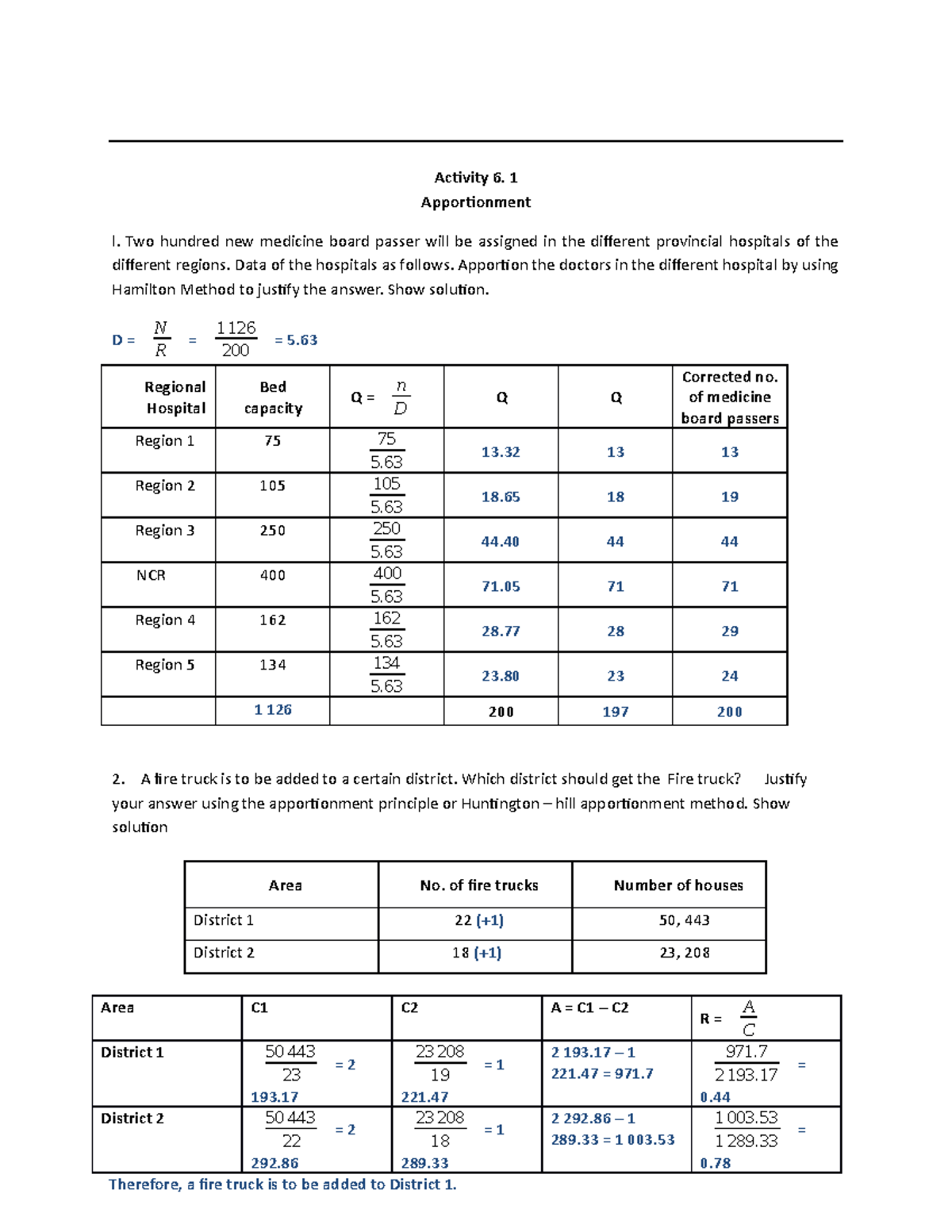 Complete Answers in Activity in Apportionment - Activity 6. 1 ...