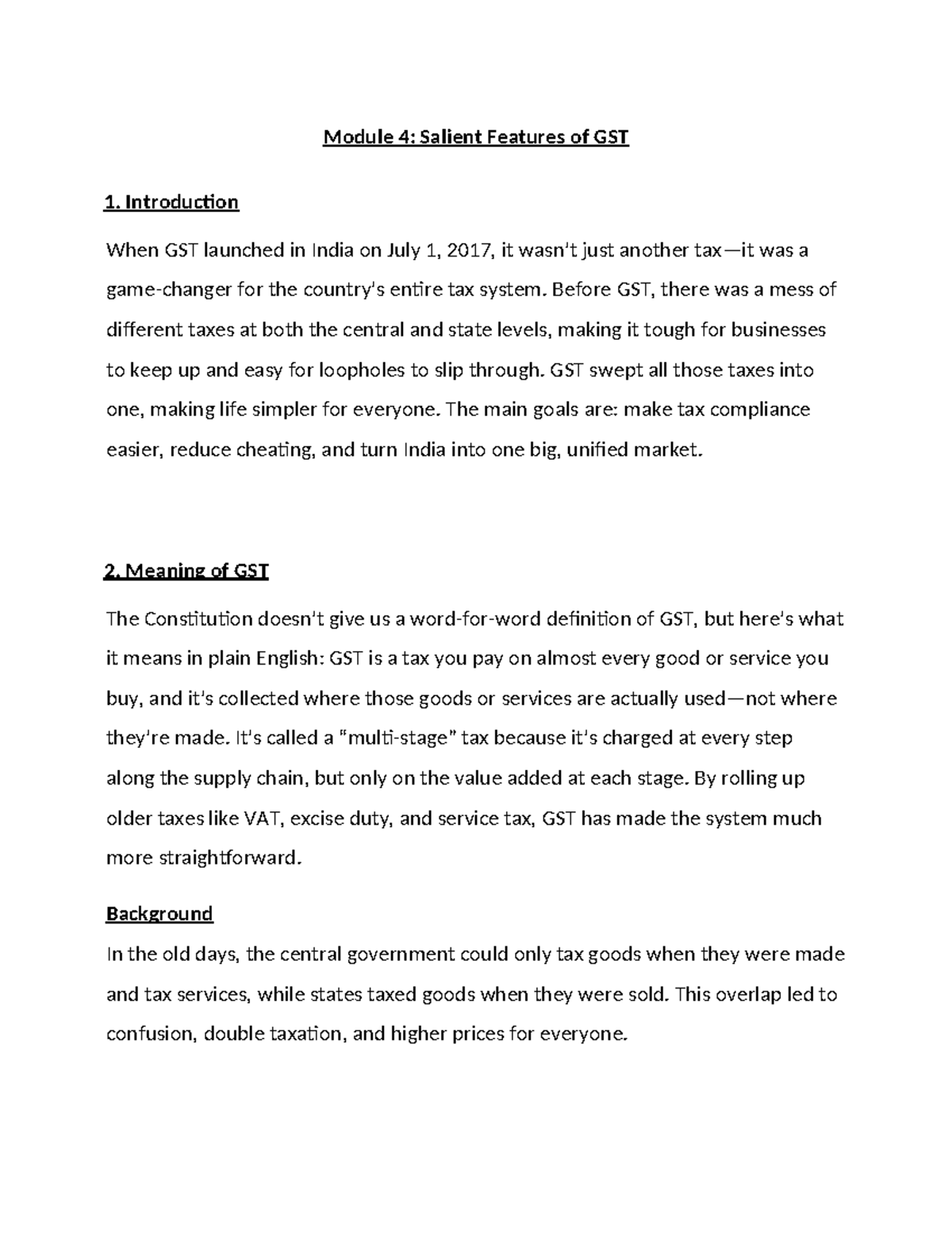Module 4: Key Features of GST - Comprehensive Overview - Studocu